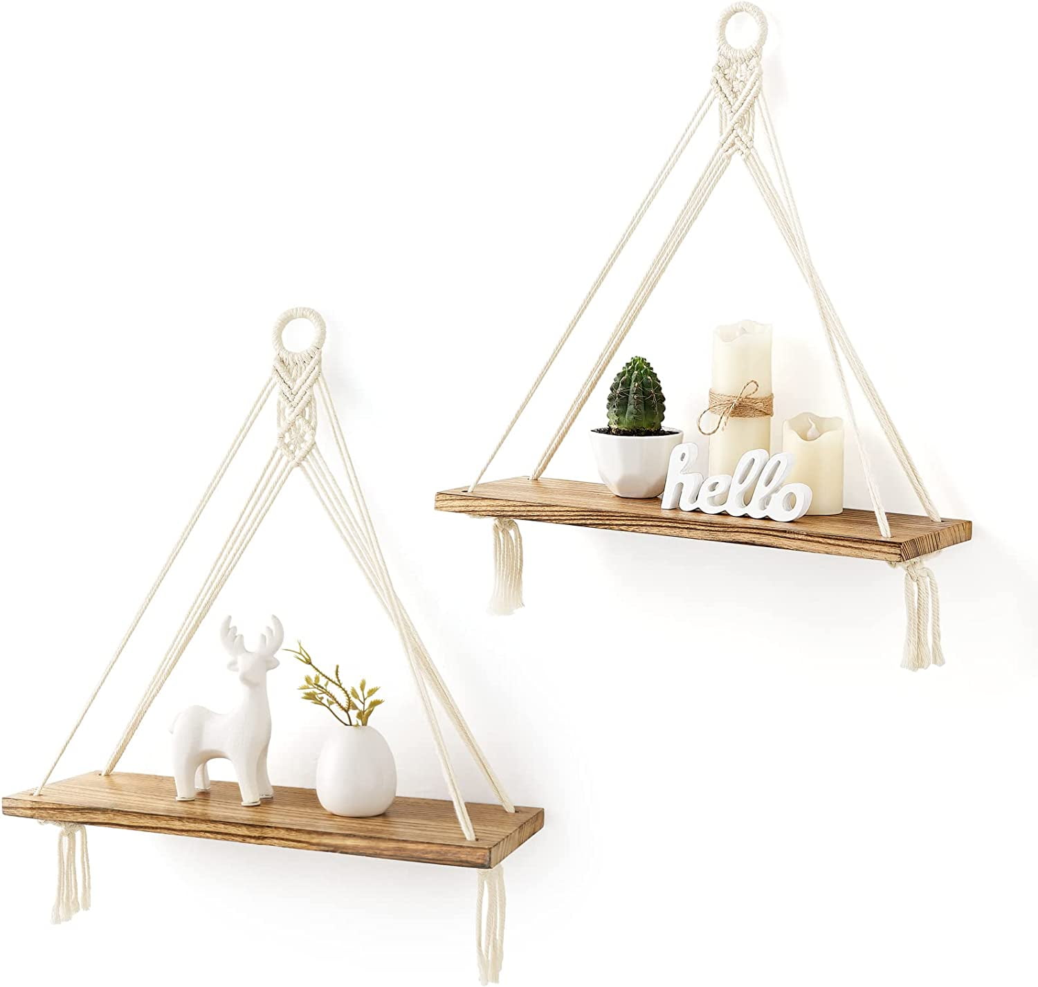 Macrame Hanging Shelves Boho Wall Decor Set of 2 Rustic Wood Floating ...