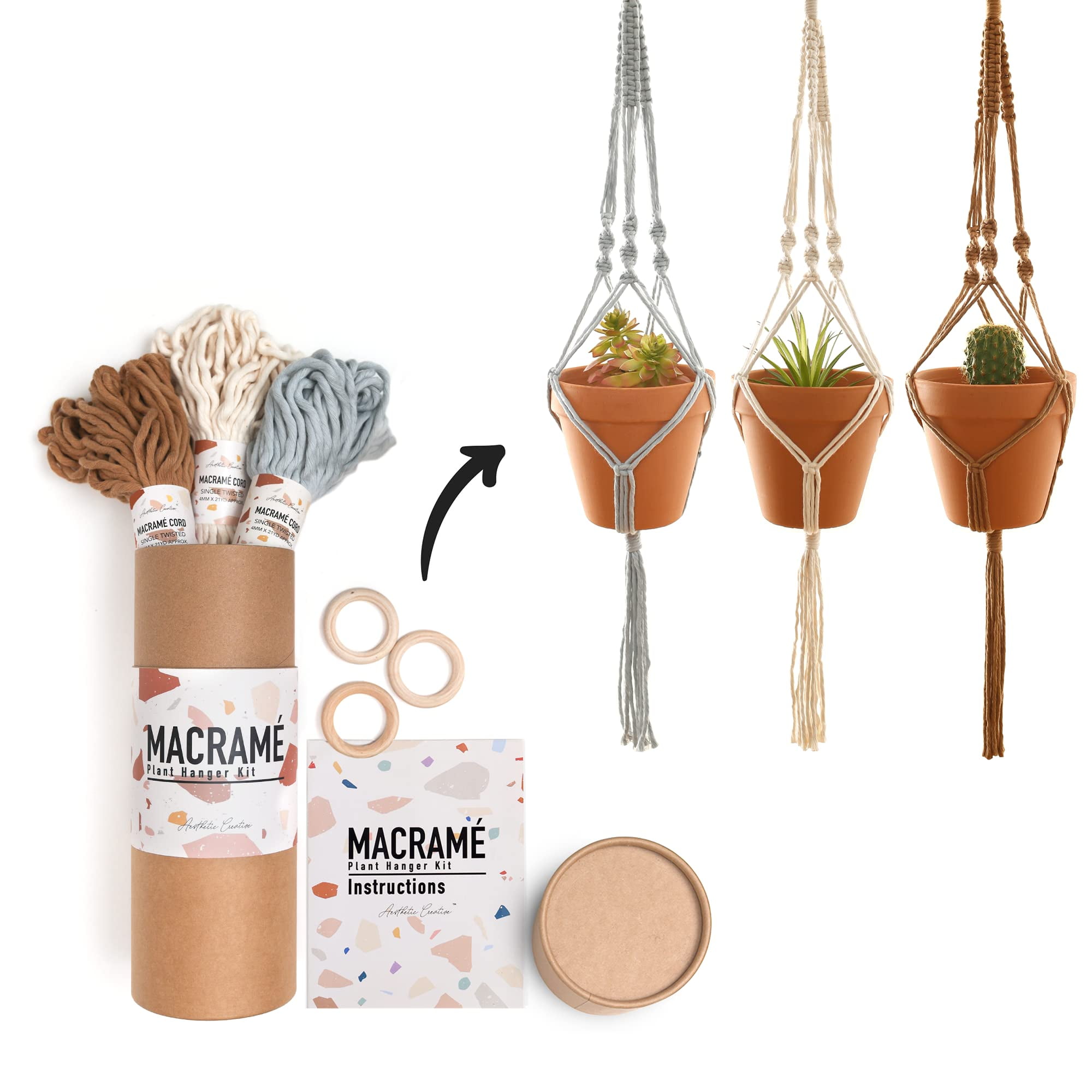 Macrame Kit, Makes 3 DIY Plant Hangers for Teens & Adult Beginners ...