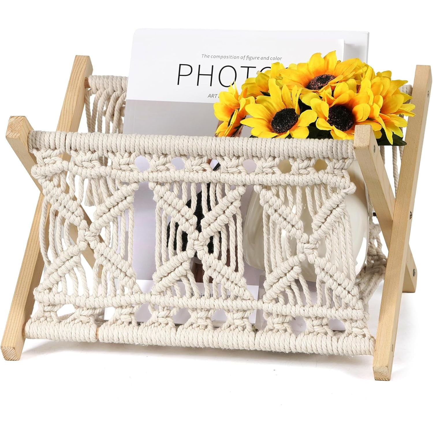 Macrame Magazine Rack Boho Storage Holder Standing Basket for Books ...