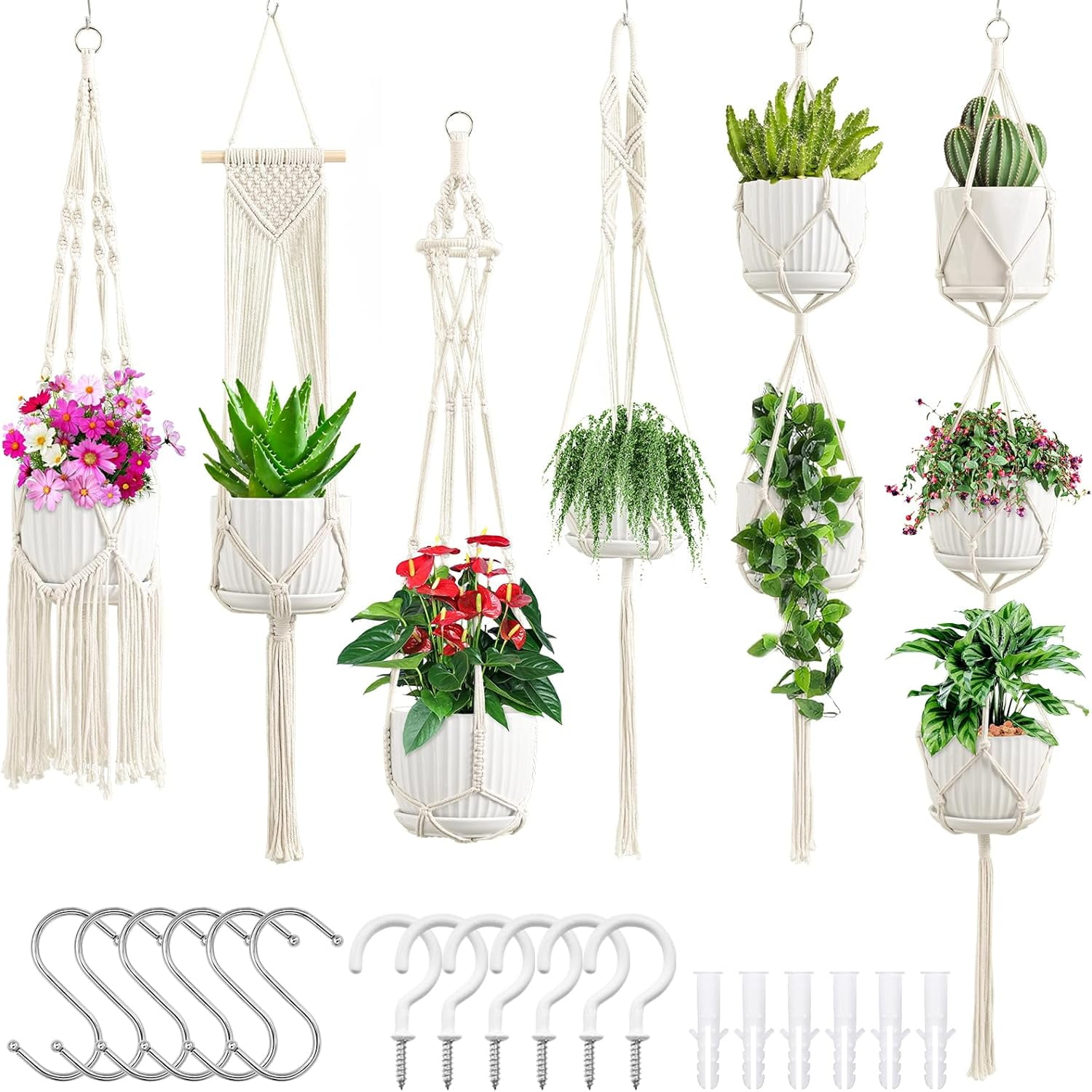 Macrame Plant Hangers, 6Pack Hanging Planters for Indoor Plants w/ 6 ...