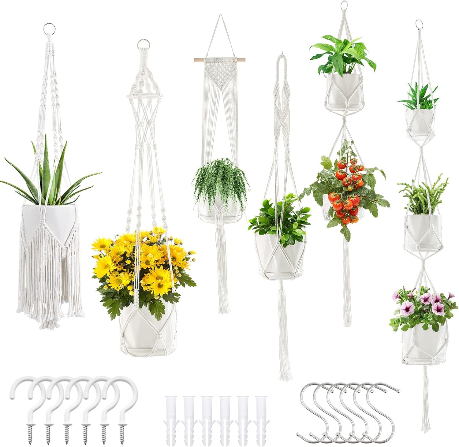 Macrame Plant Hangers, 6Pack Hanging Planters for Indoor Plants w/ 6 ...