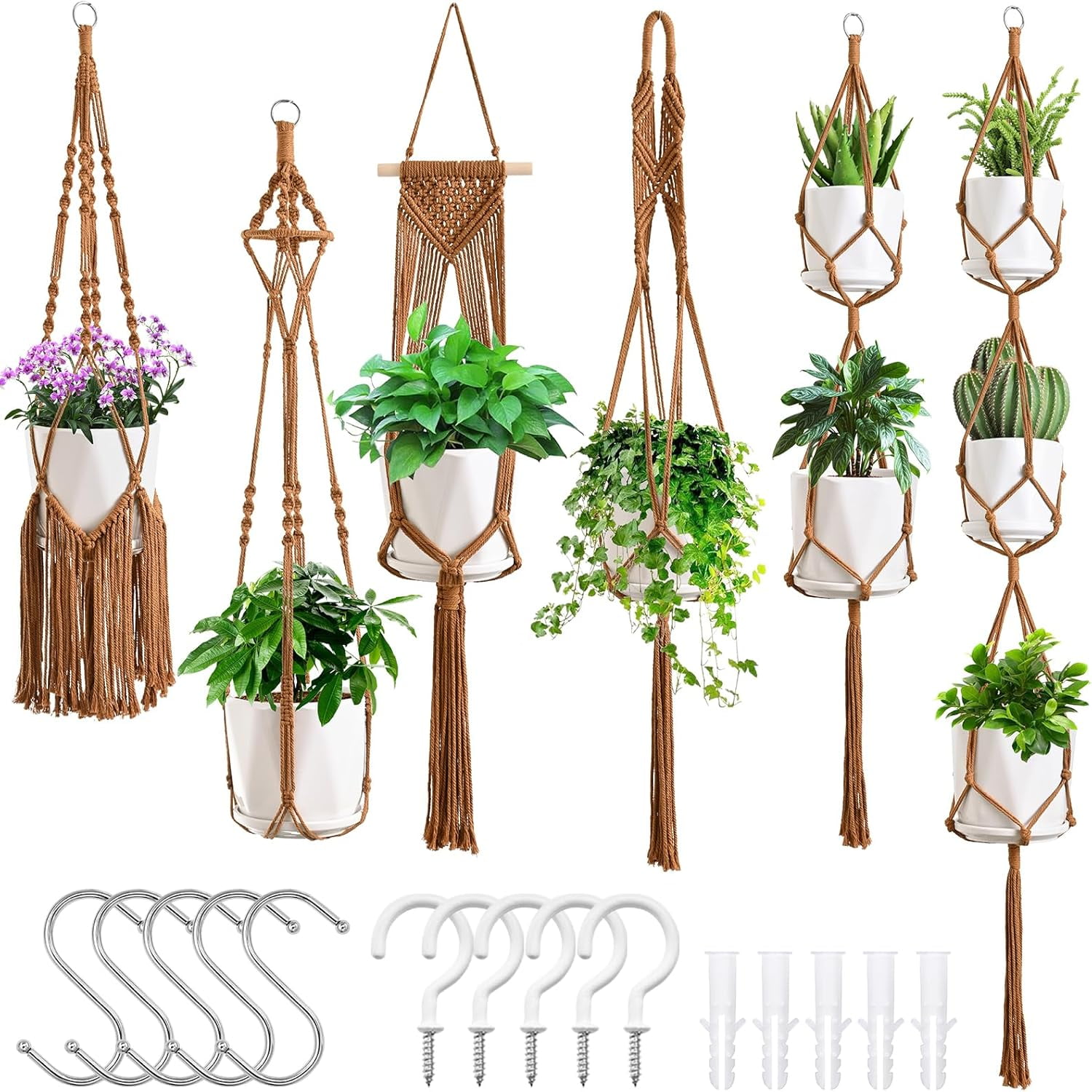 Macrame Plant Hangers, 6Pack Hanging Planters for Indoor Plants w/ 6 ...