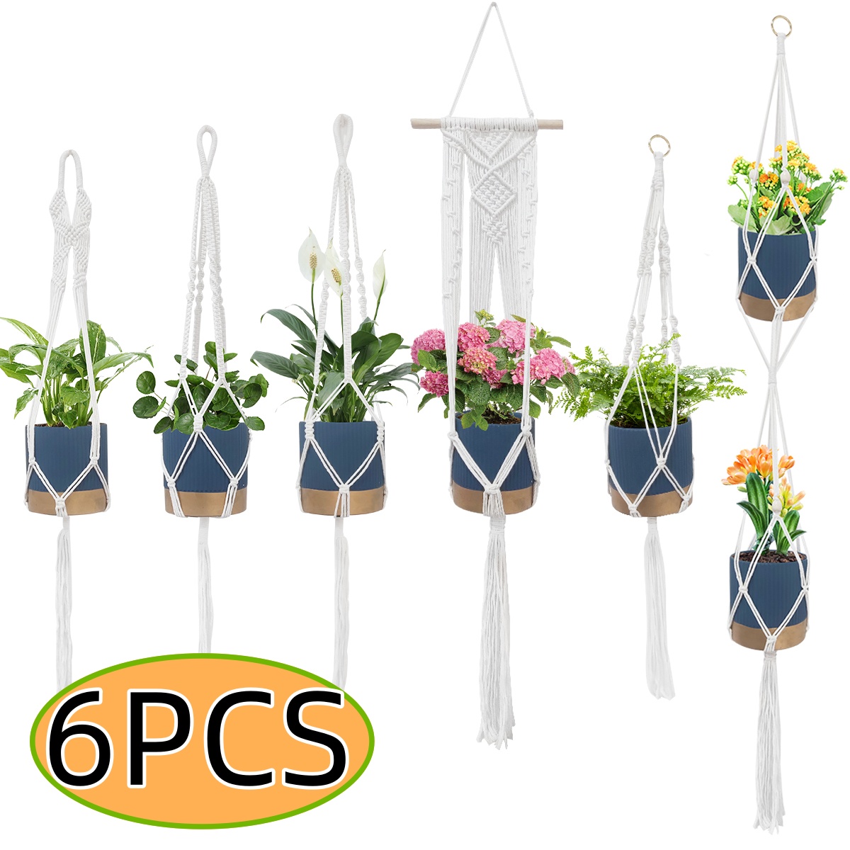 Handmade Cotton Rope Boho Plant Hanger with Hooks. White Indoor/outdoor ...