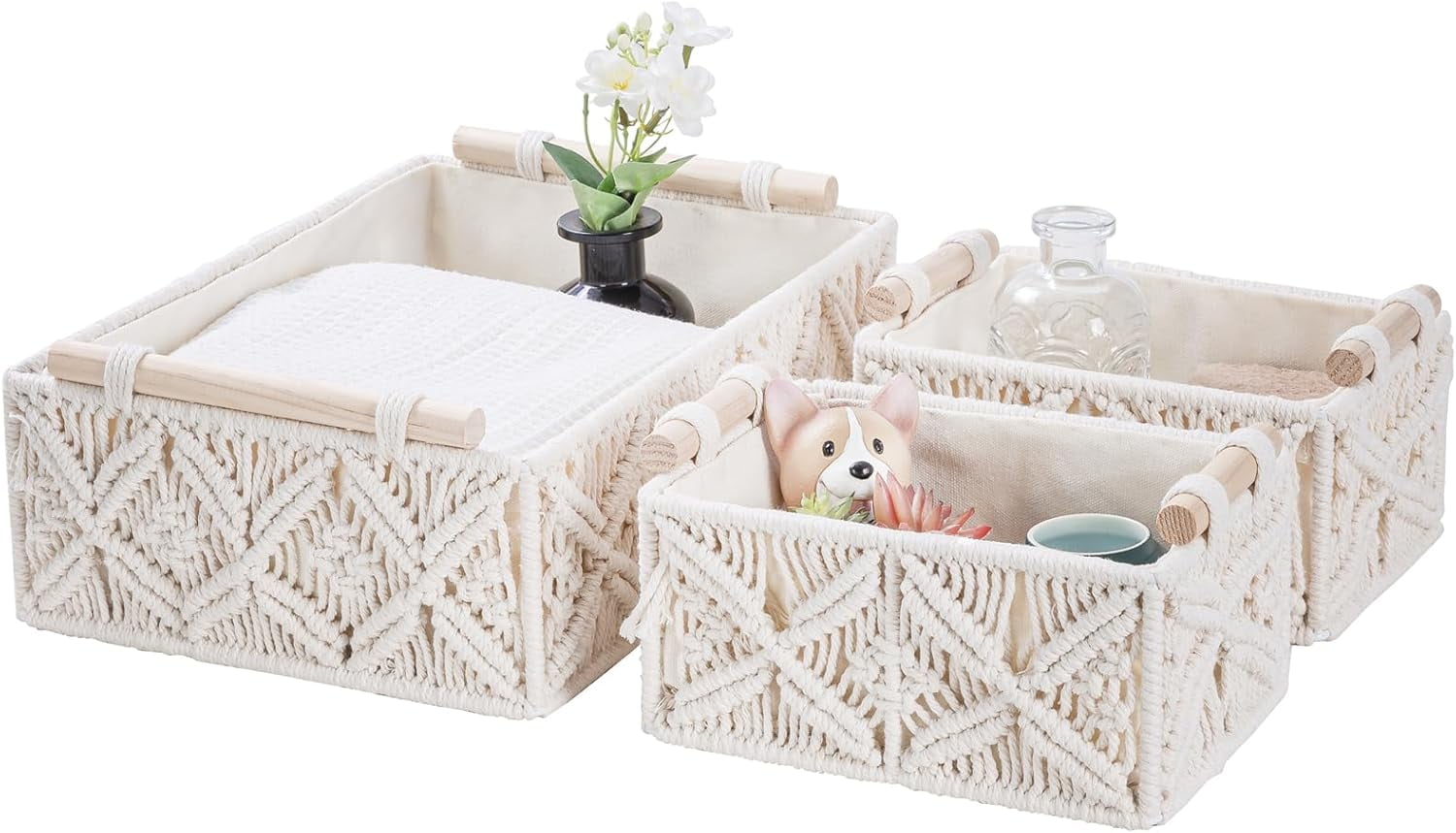 Macrame Storage Baskets Handmade Boho Decor Box Natural Cotton Rope ...
