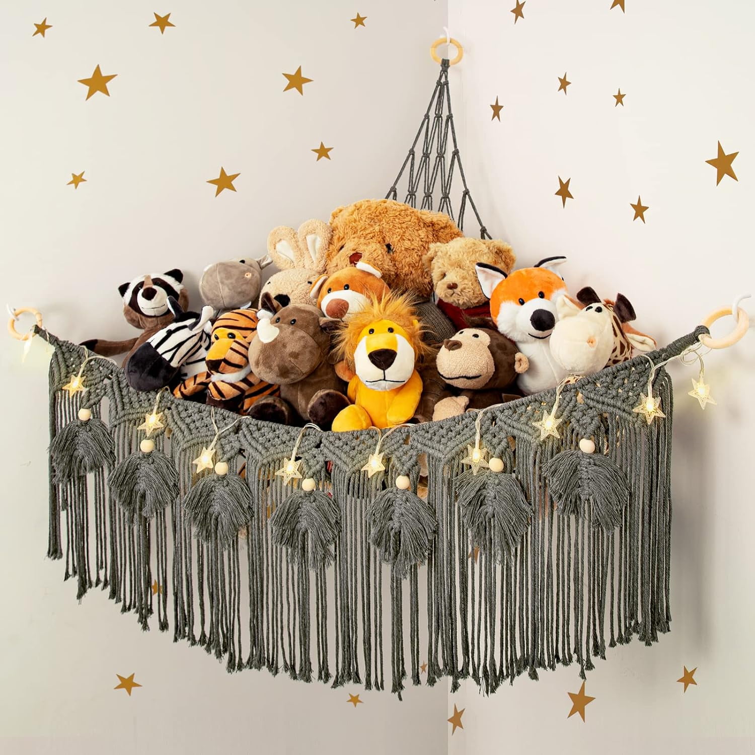 Macrame Stuffed Animal Toy Net Hammock with Star Light, Small Plushies ...