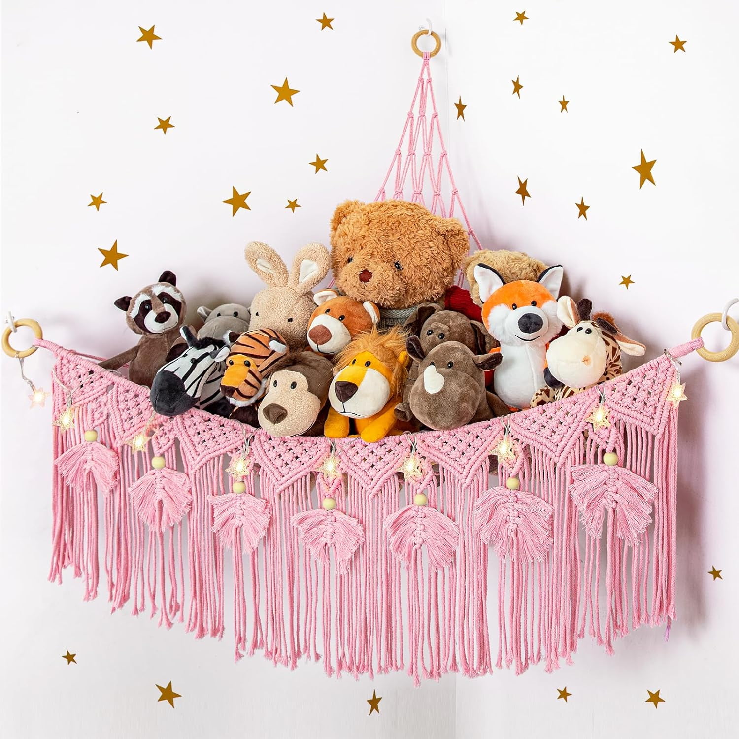 Macrame Stuffed Animal Toy Net Hammock with Star Light, Small Plushies ...