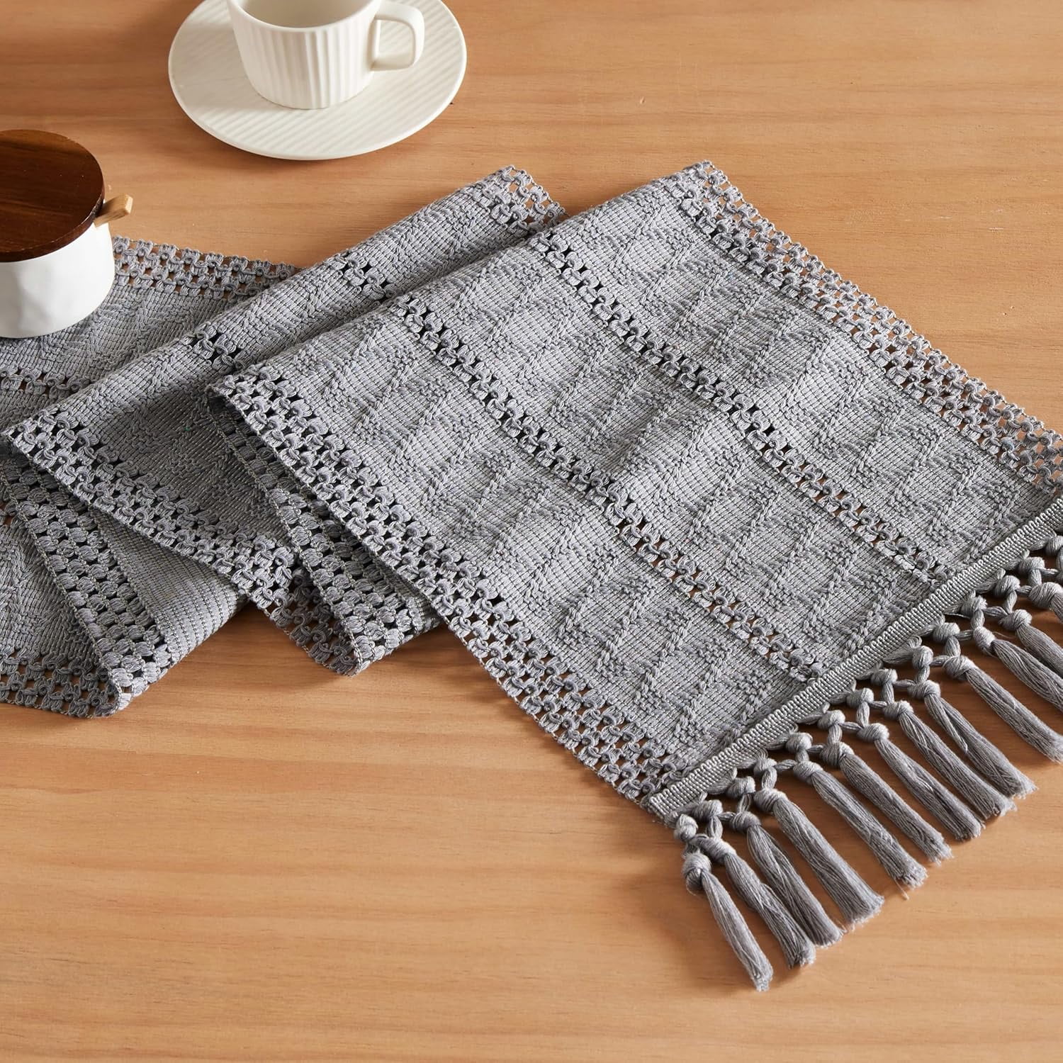 Macrame Style Boho Table Runner, Blue Grey Table Runners 60 Inches Long ...