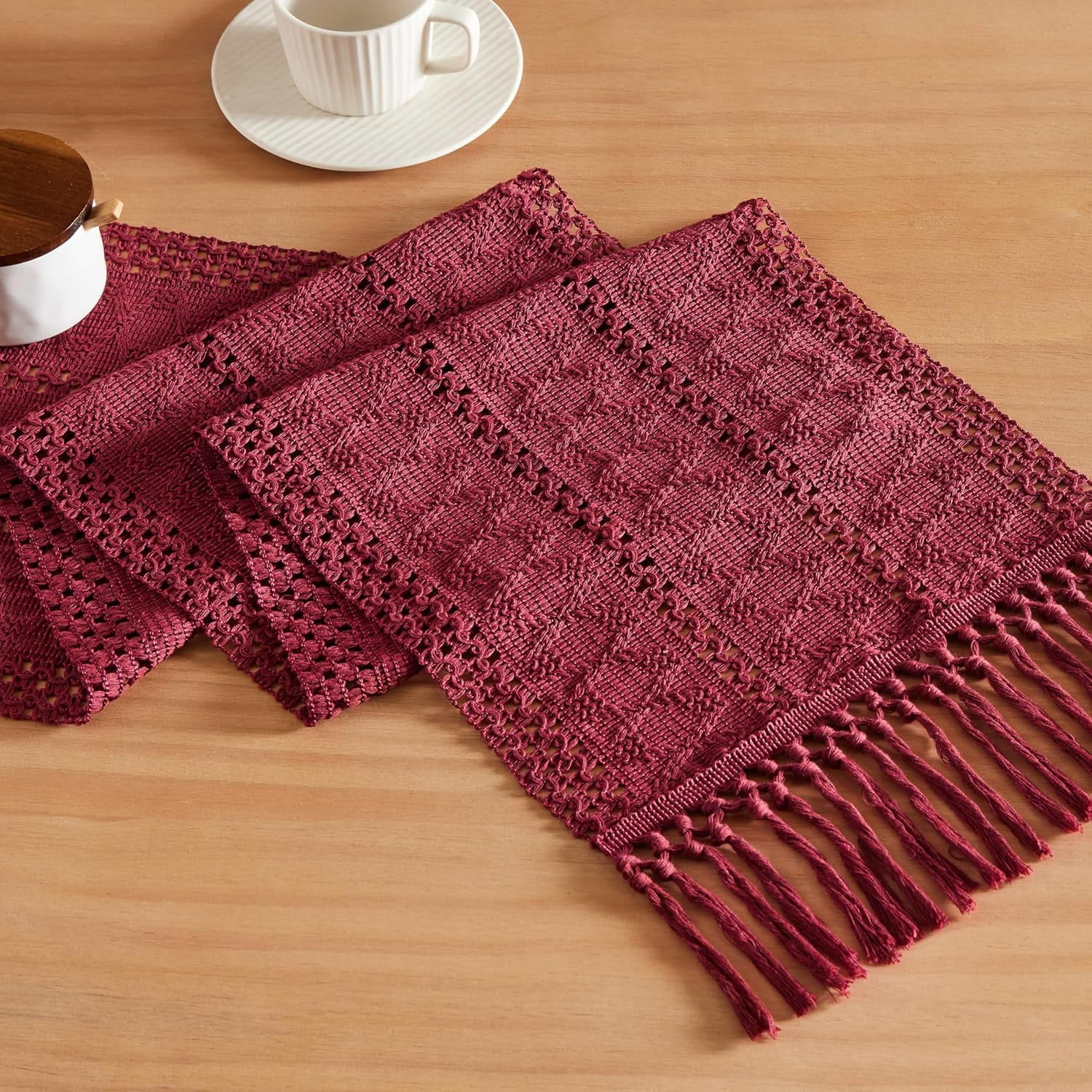 Macrame Style Boho Table Runner, Burgundy Red Table Runners 48 Inches ...