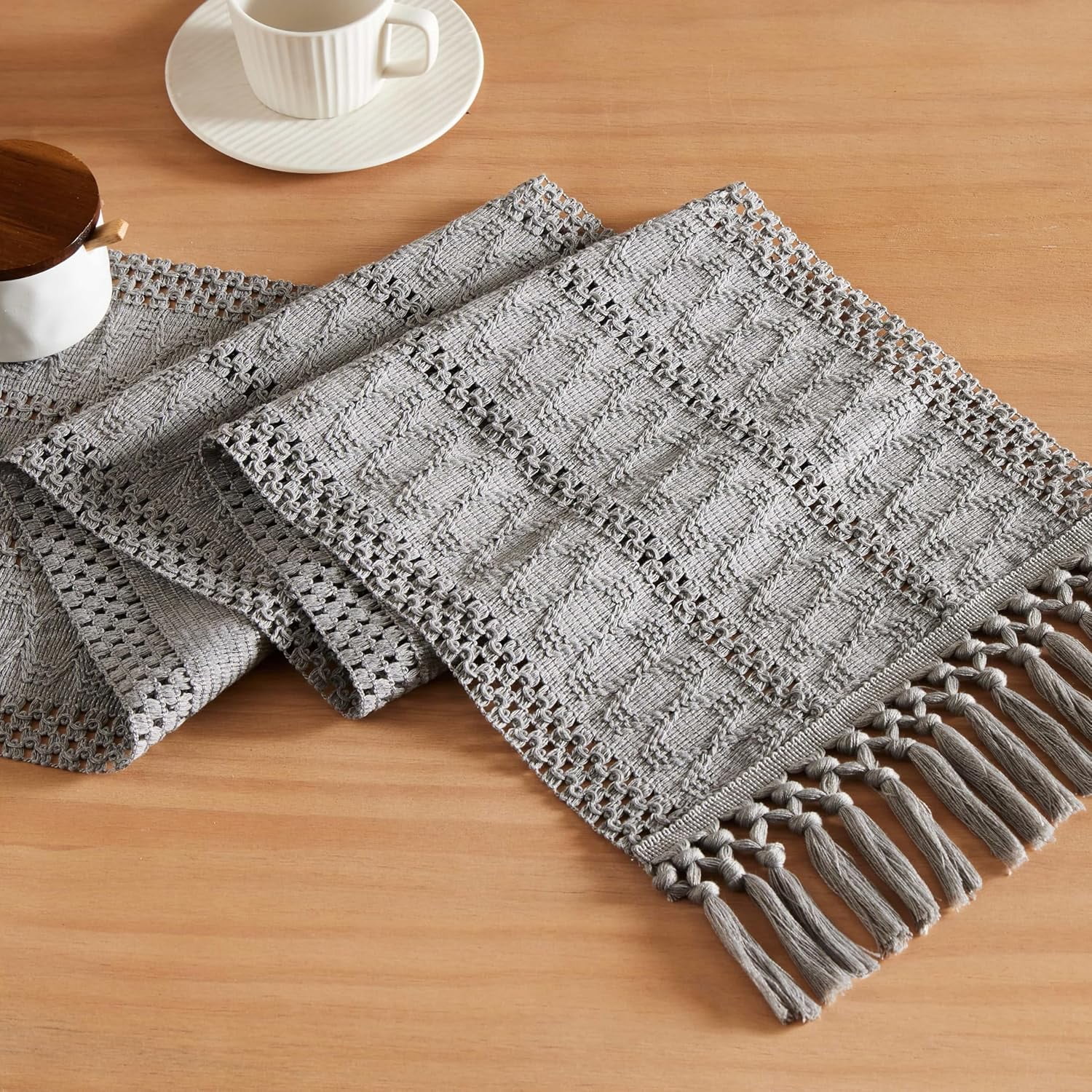 Macrame Style Boho Table Runner, Grey Table Runners 36 Inches Long ...