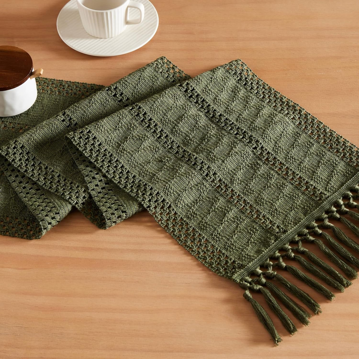 Macrame Style Boho Table Runner, Olive Green Table Runners 36 Inches ...