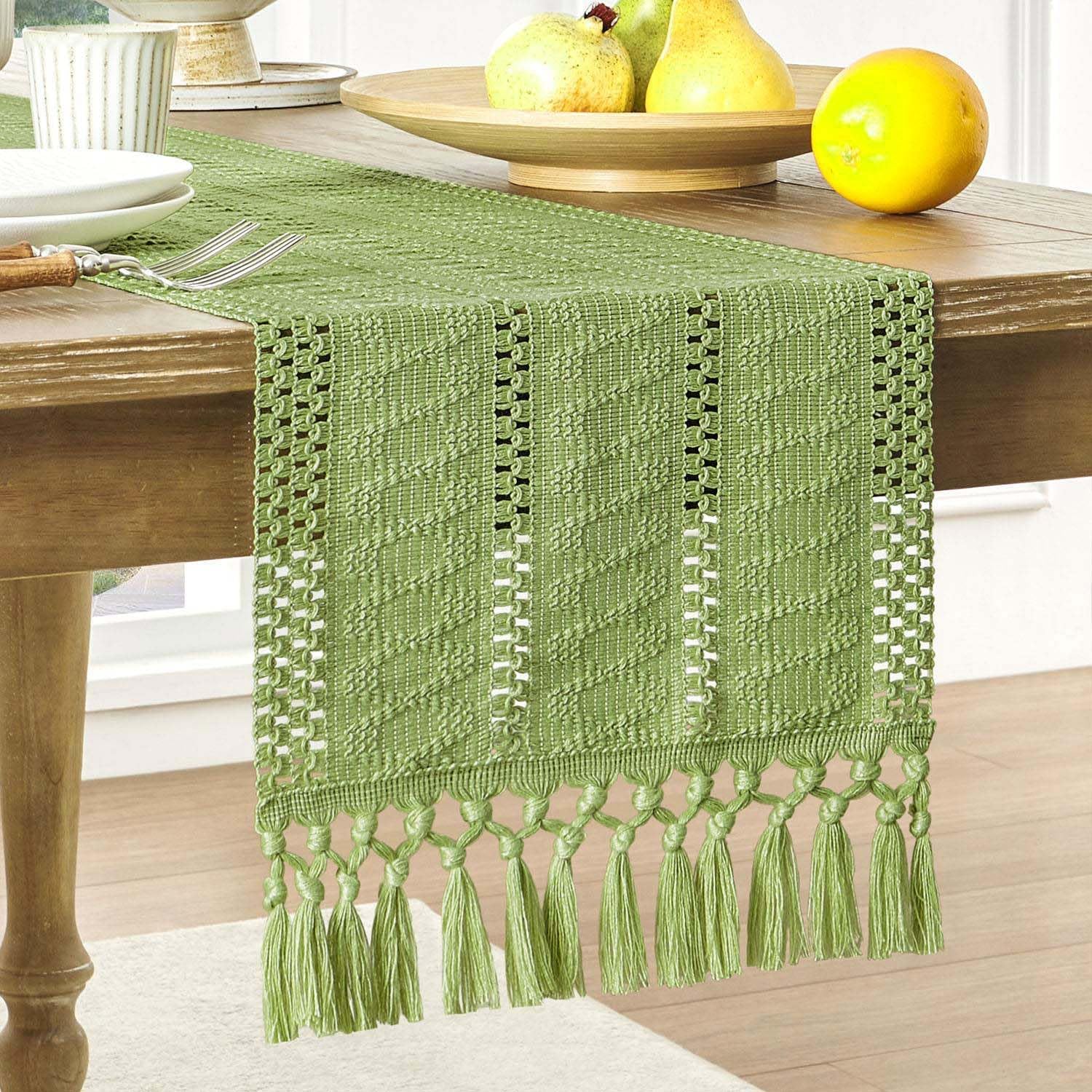 Macrame Style Boho Table Runner, Sage Green Table Runners 36 Inches ...