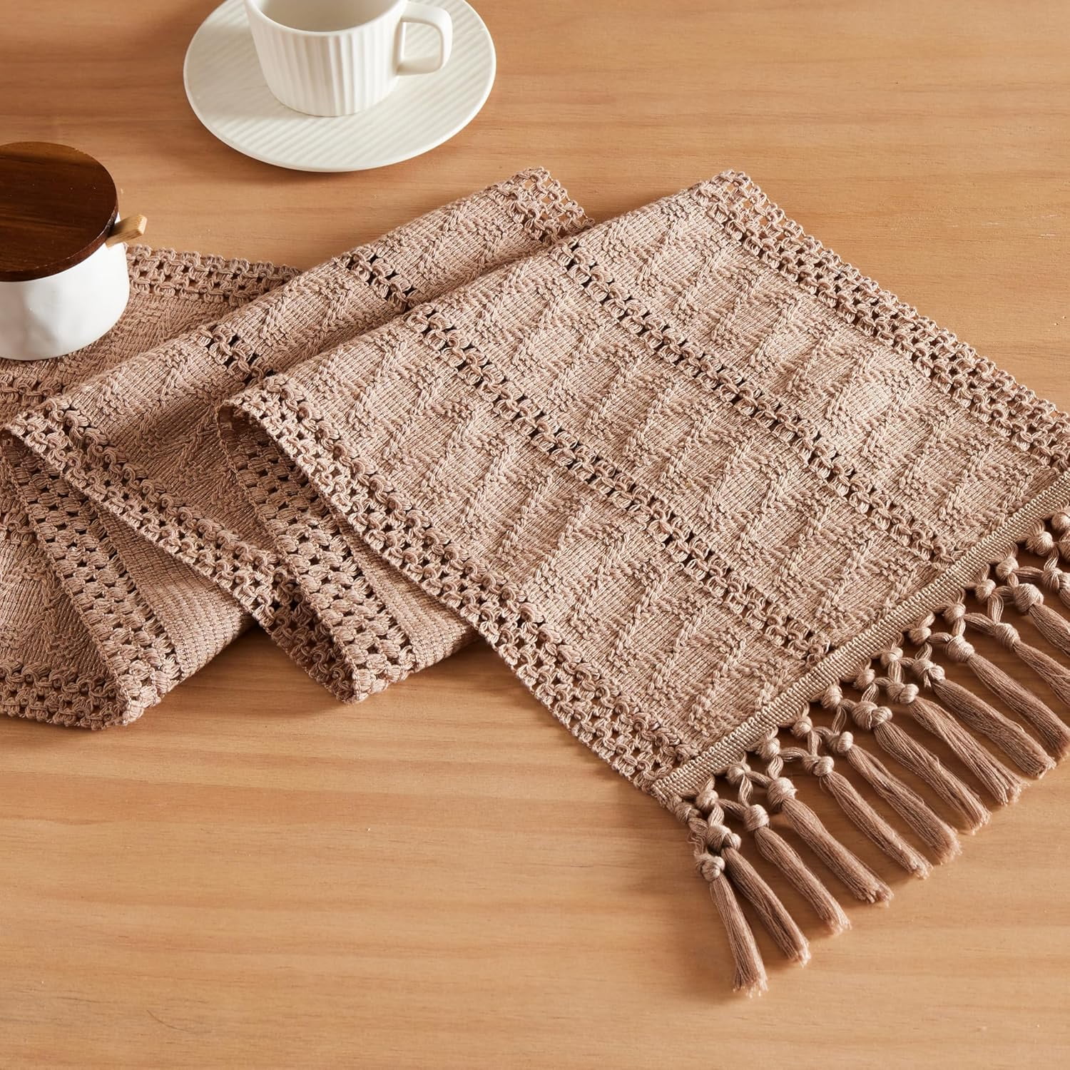 Macrame Style Boho Table Runner, Taupe Table Runners 90 Inches Long ...