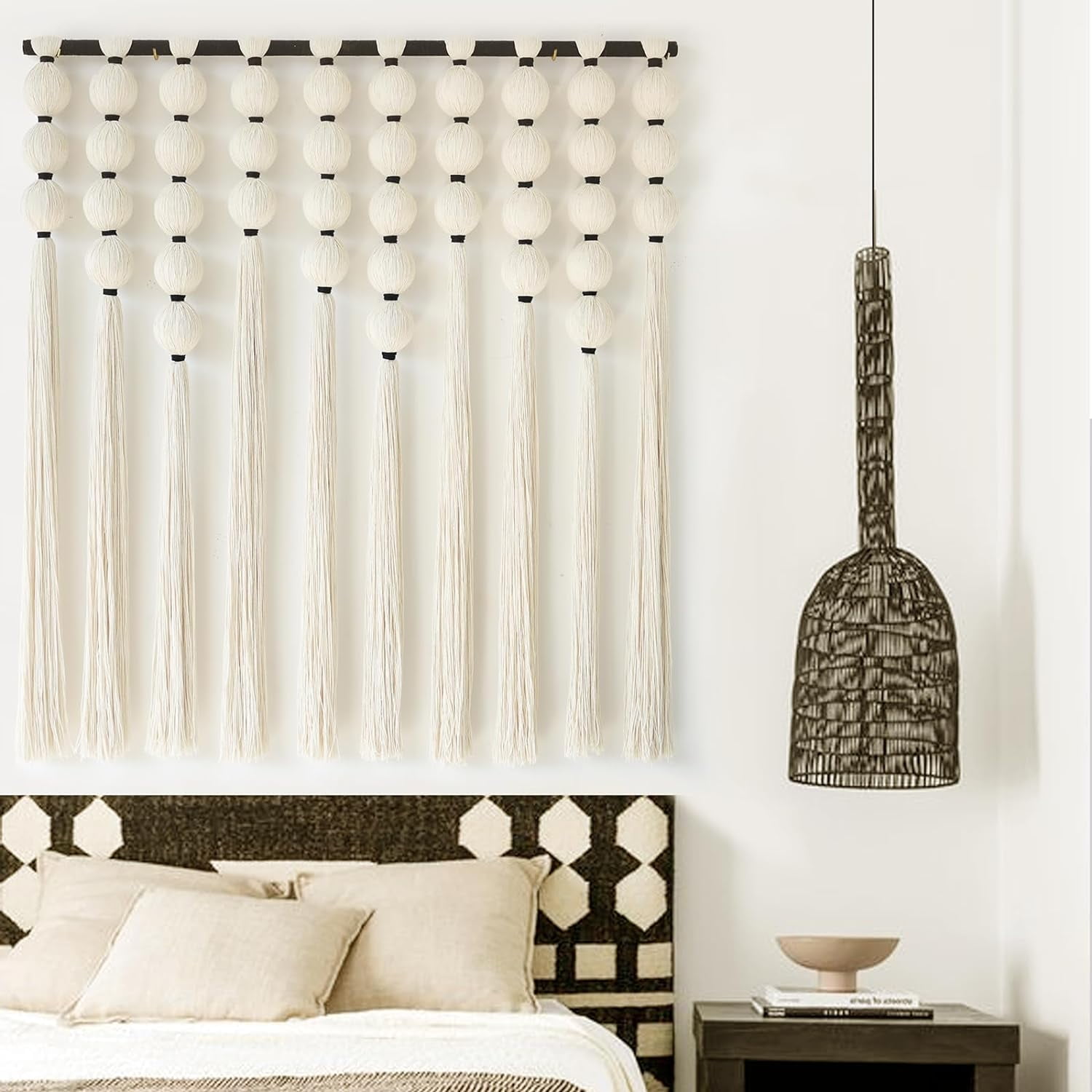 Macrame Wall Hanging Brown Yarn Beaded Backdrop Boho Wall Decor Round ...