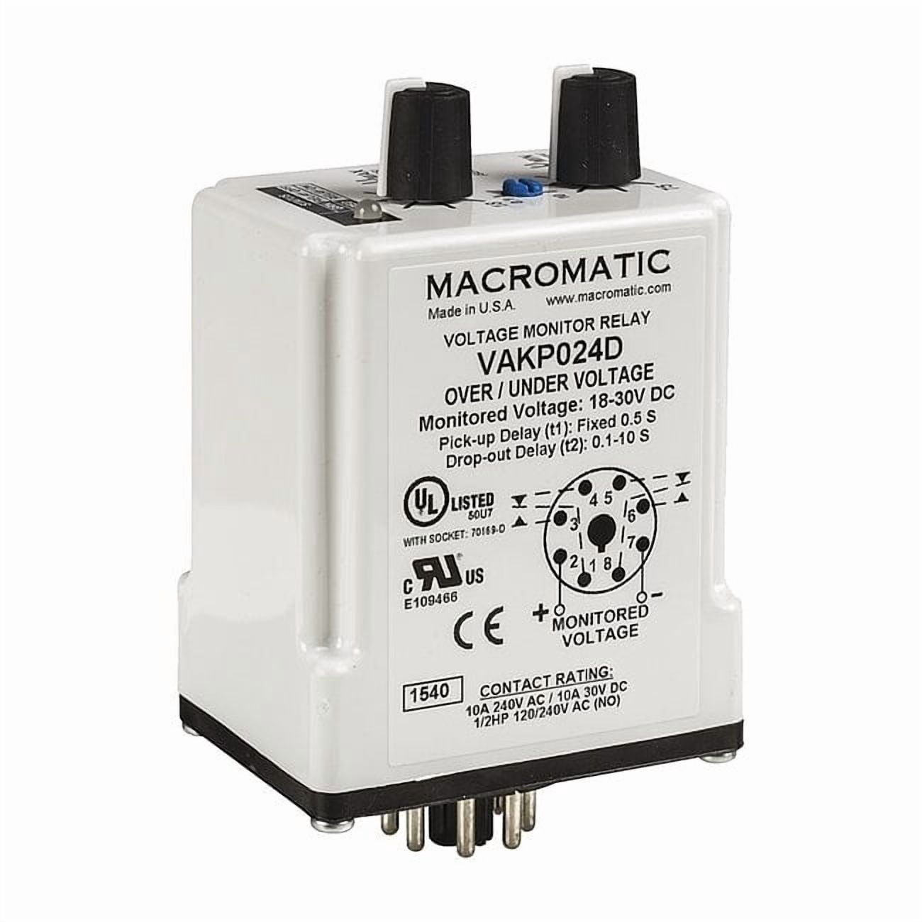 Macromatic Voltage Sensing Relay, Octal Base Type, 24V DC, 8 Pins ...