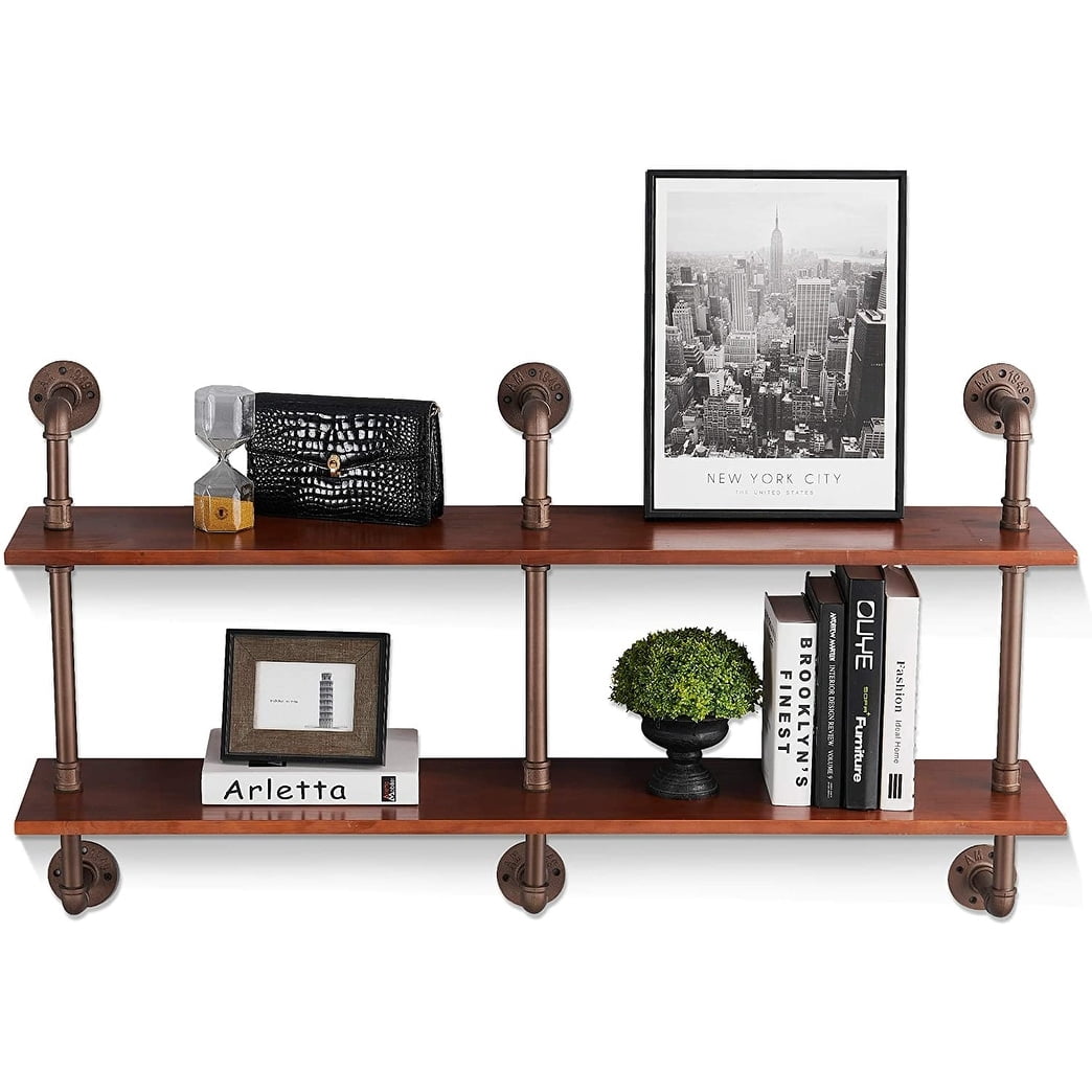 Mcombo Rustic 2-Shelf Vintage Industrial Pipe Wall Shelf, Solid Wood ...