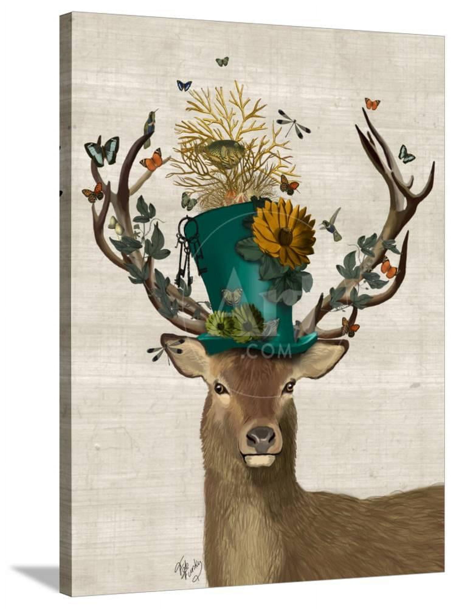 Mad Hatter Deer, Animals Stretched Canvas Wall Art by Fab Funky Sold by ...
