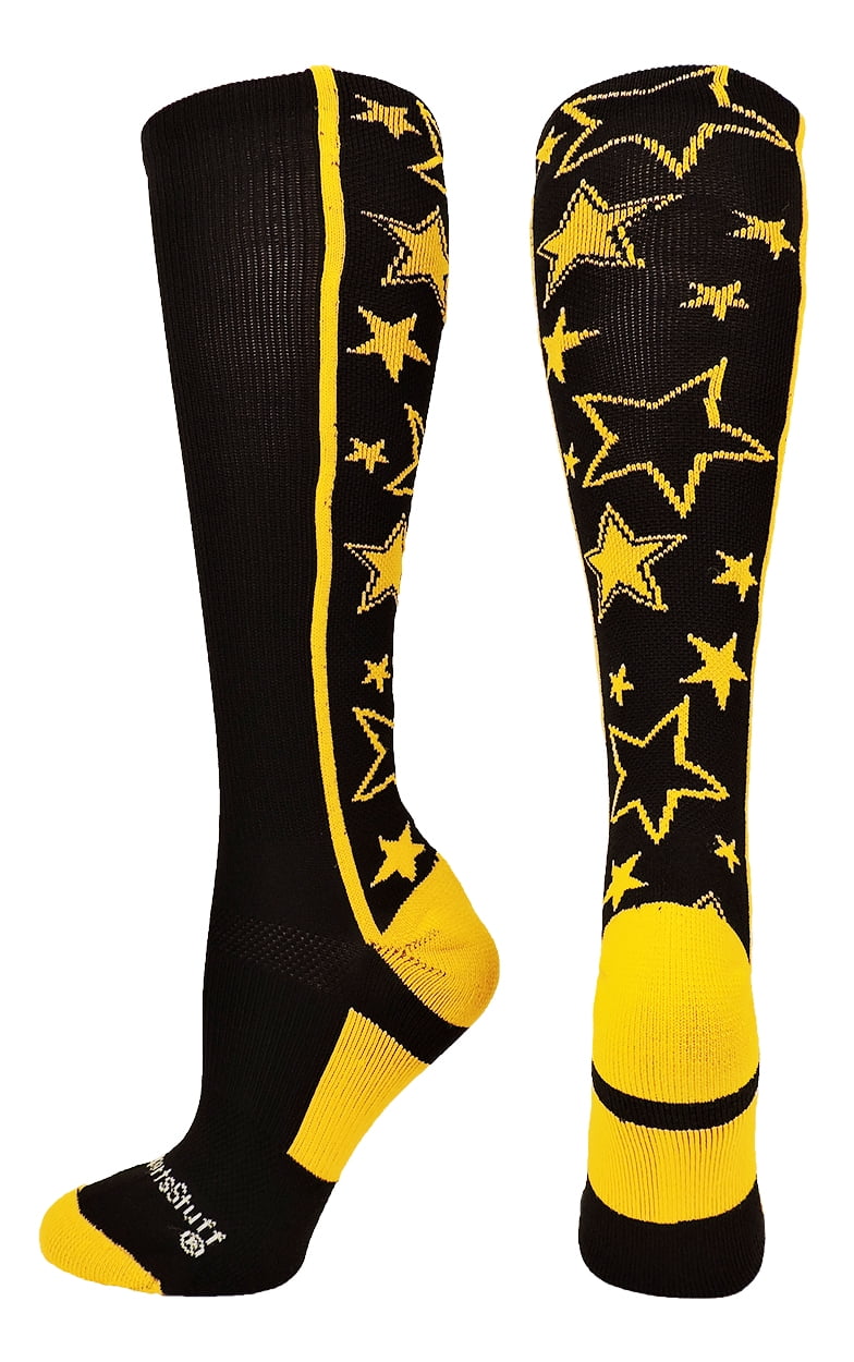 MadSportsStuff Crazy Socks with Stars Over the Calf Socks (Black/Gold ...