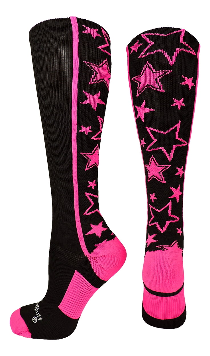MadSportsStuff Crazy Socks with Stars Over the Calf Socks (Black/Neon ...