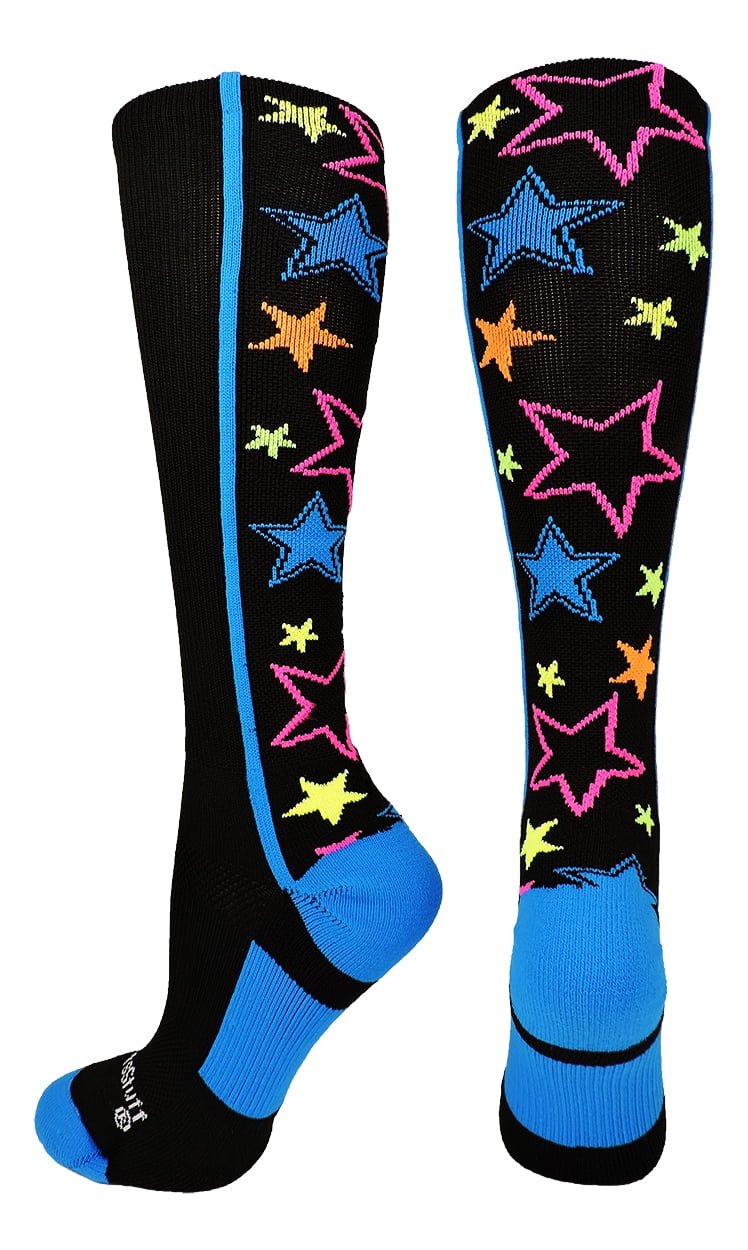MadSportsStuff Crazy Socks with Stars Over the Calf Socks (Multi-Neon ...