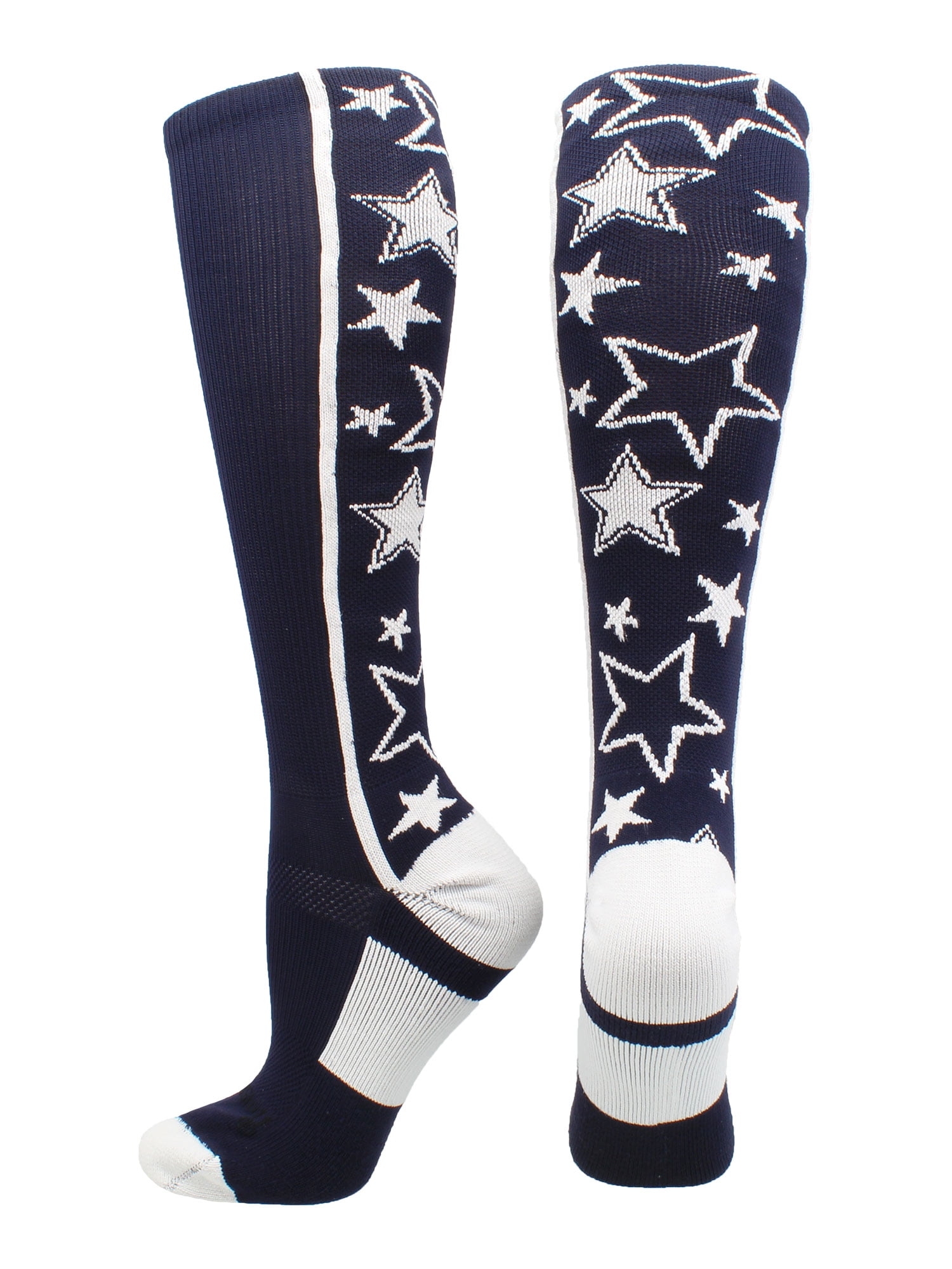 MadSportsStuff Crazy Socks with Stars Over the Calf Socks (Navy/White ...