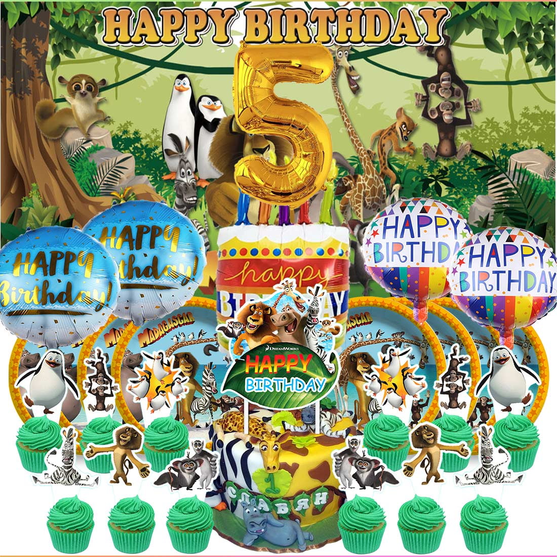 Madagascar 5th Tableware Balloons Cake Toppers Backdrop Banner Supplies ...
