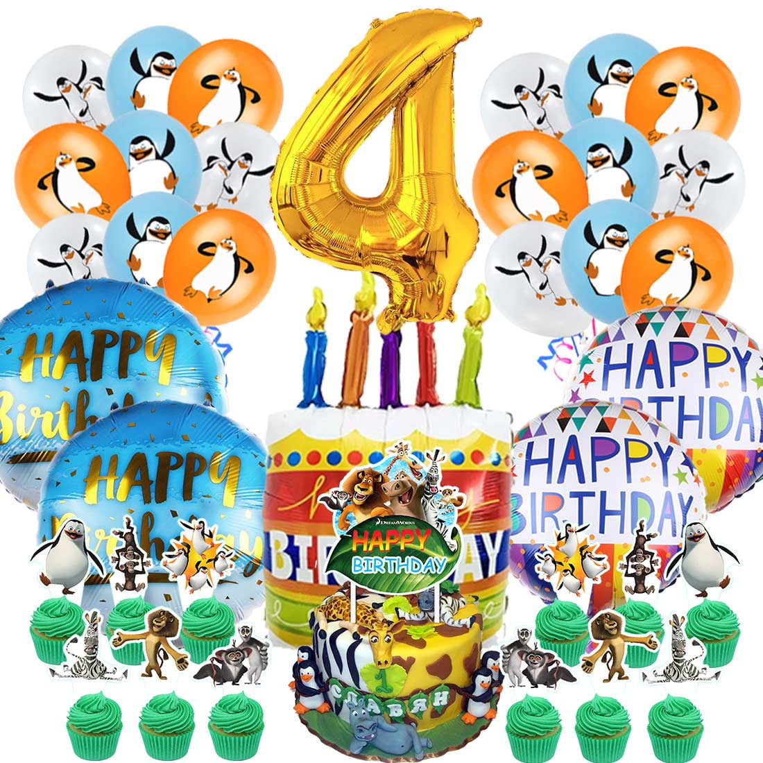 Madagascar Party Supplies 4th Decor Kit Balloons Birthday Cake Topper ...