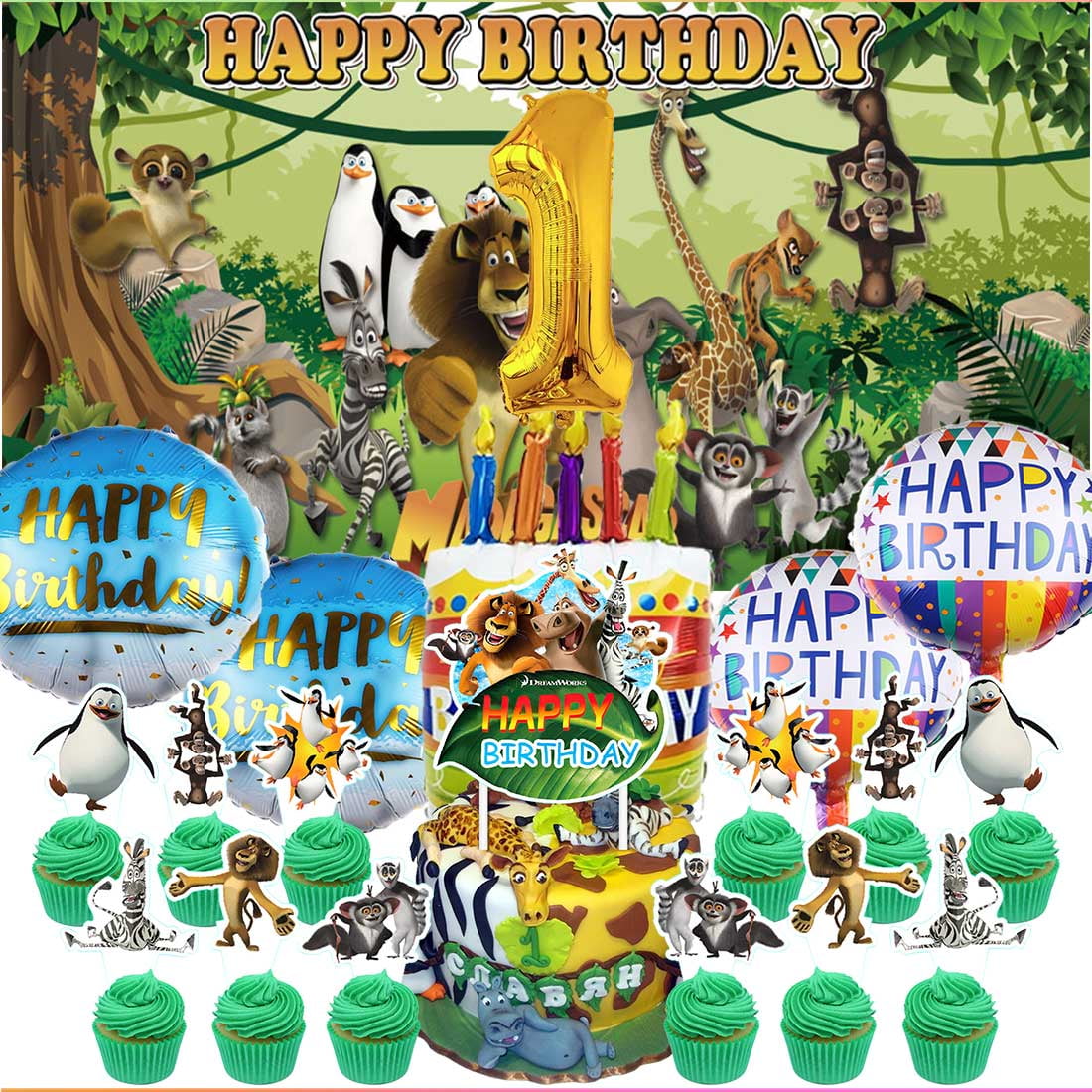 Madagascar Party Supplies Decor 1st Kit Balloons Birthday Cake Topper ...