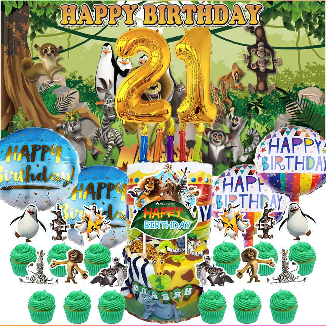 Madagascar Party Supplies Decor 21th Kit Balloons Birthday Cake Topper ...
