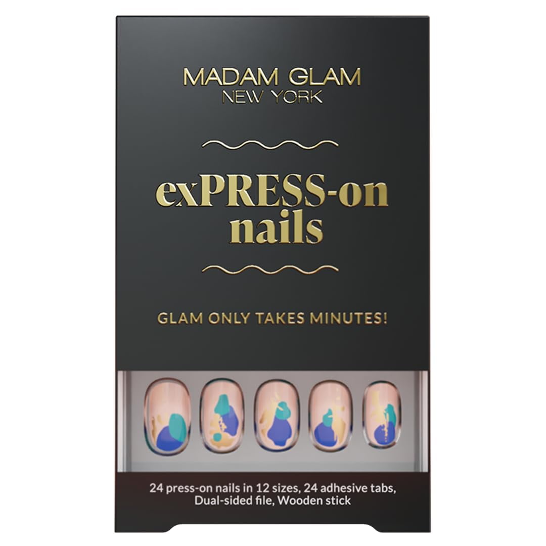 Madam Glam - 24 Press-On Nails in 12 Sizes - Blue & Gold, Matte Finish ...