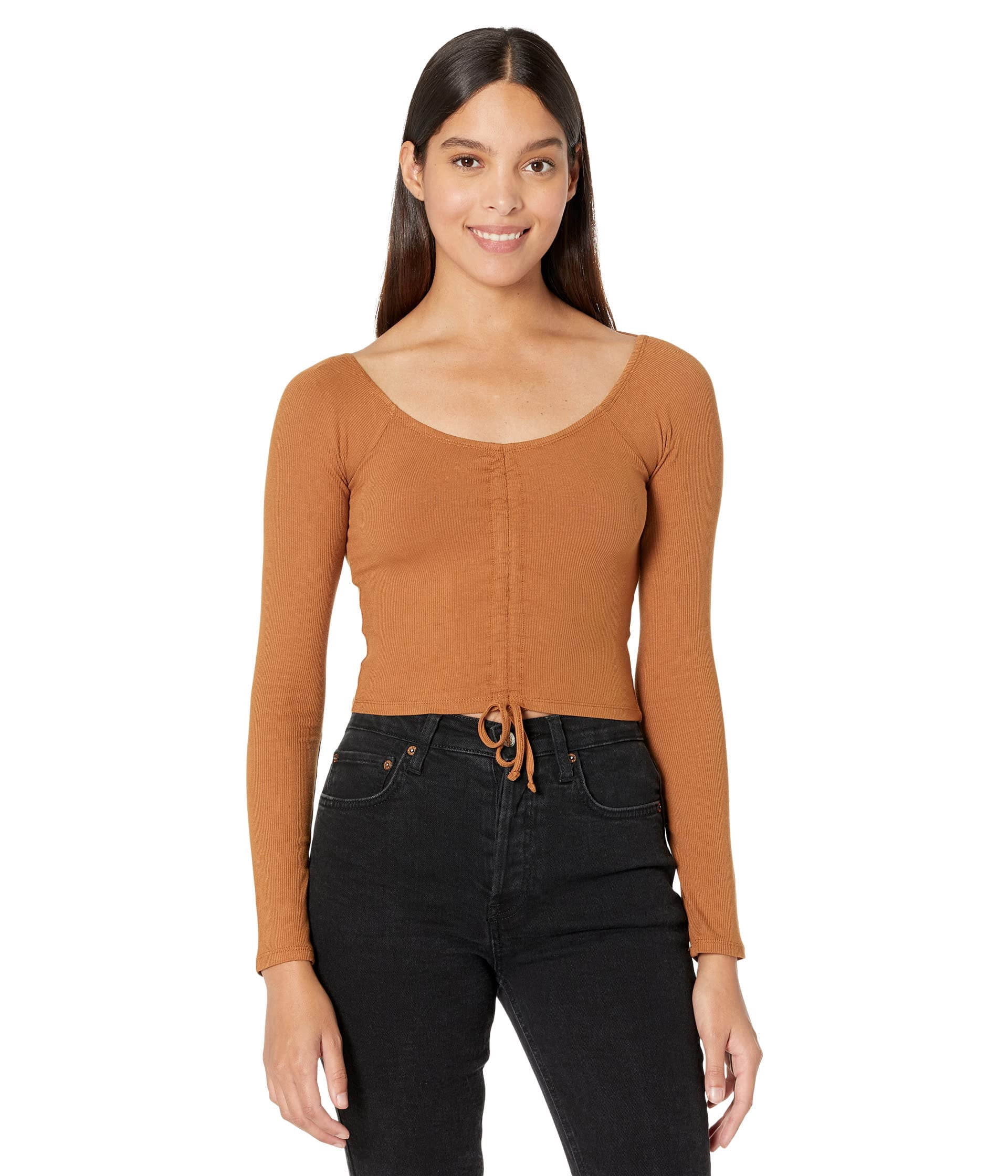 Madden Girl Cinched Front Cropped Long Sleeve Top Almond LG - Walmart.com