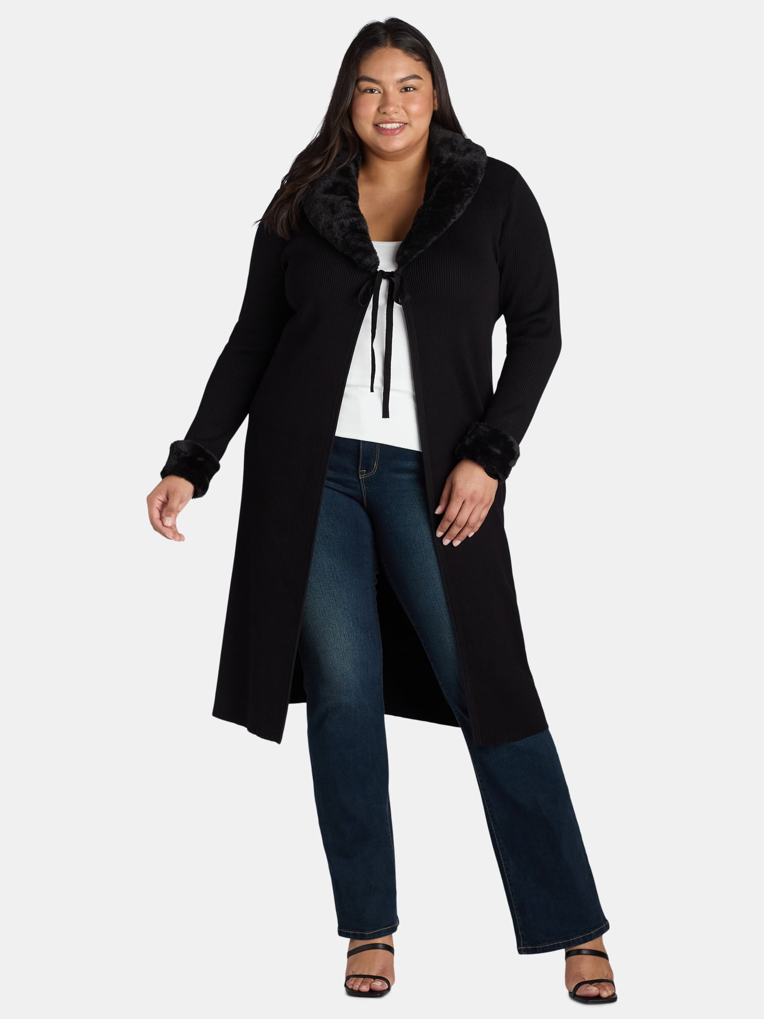 Madden NYC Women's and Women's Plus Faux Fur Trim Duster, Sizes XXS-4X ...