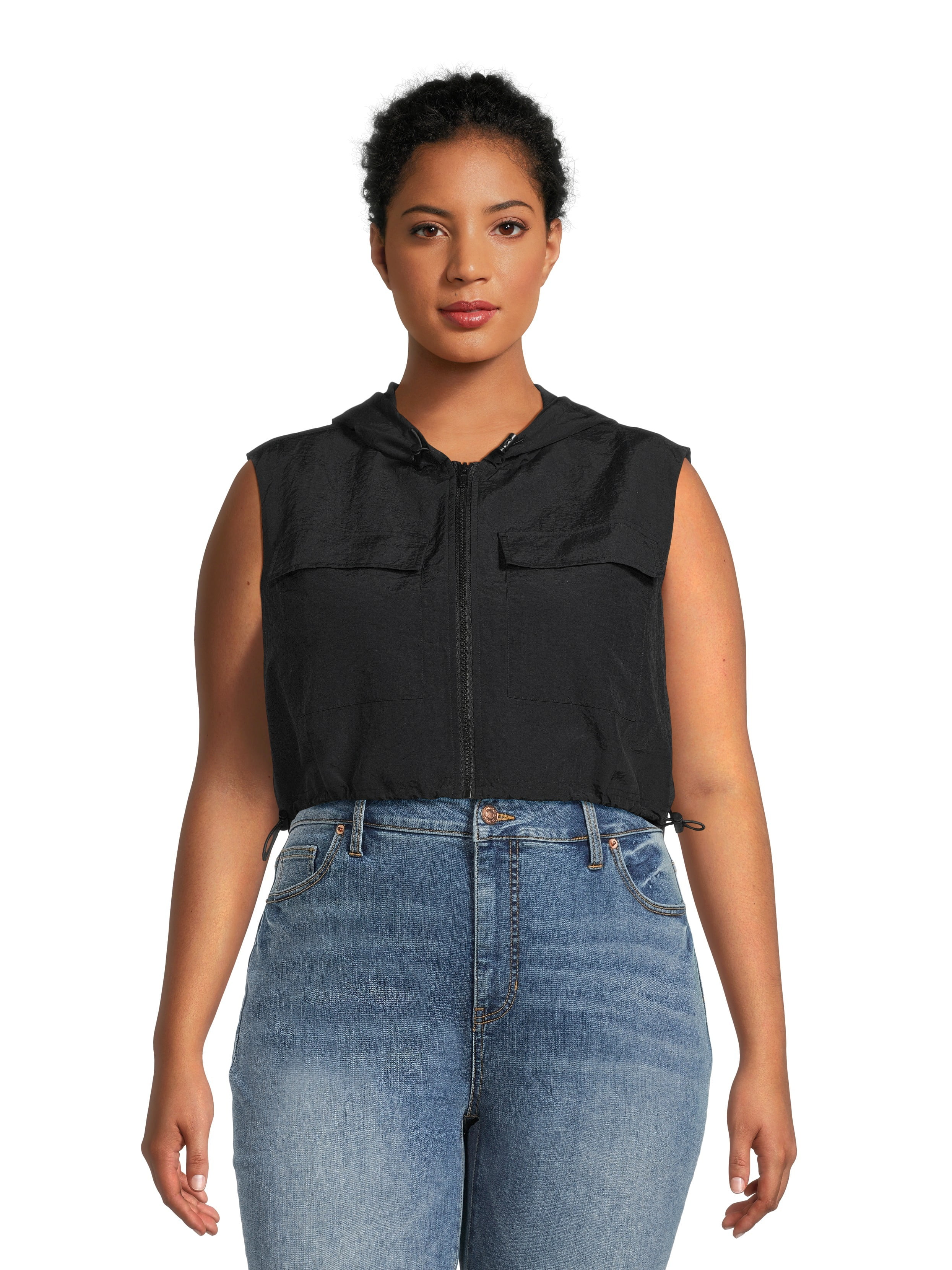 Madden NYC Juniors Plus Cropped Parachute Vest with Hood - Walmart.com