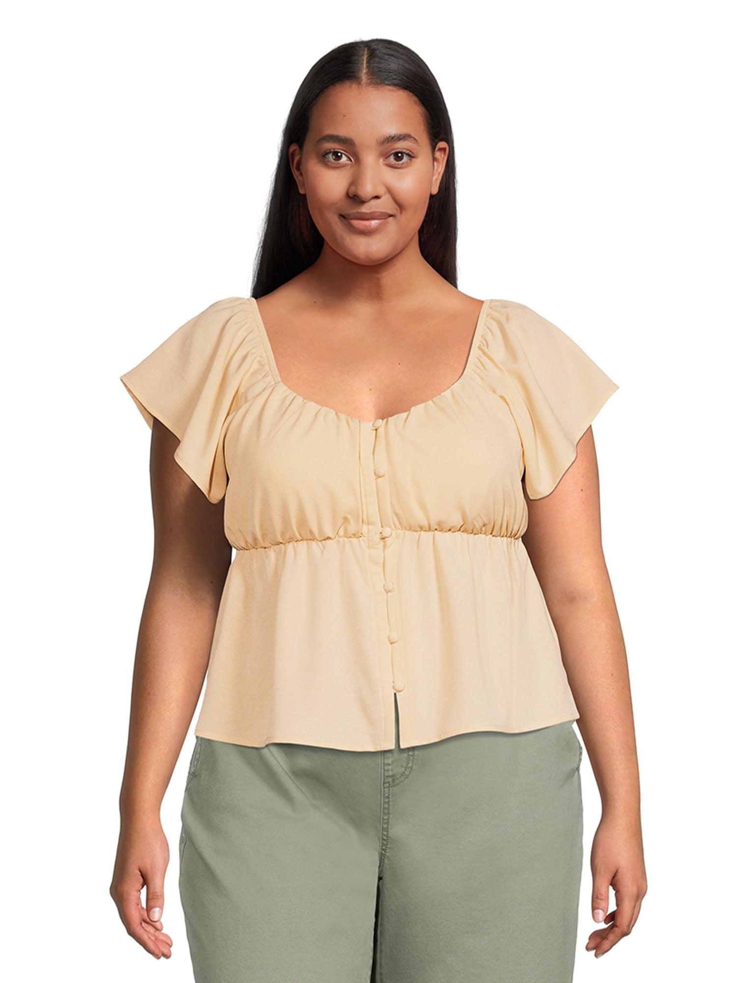 Madden NYC Juniors Plus Flutter Sleeve Button Front Top - Walmart.com