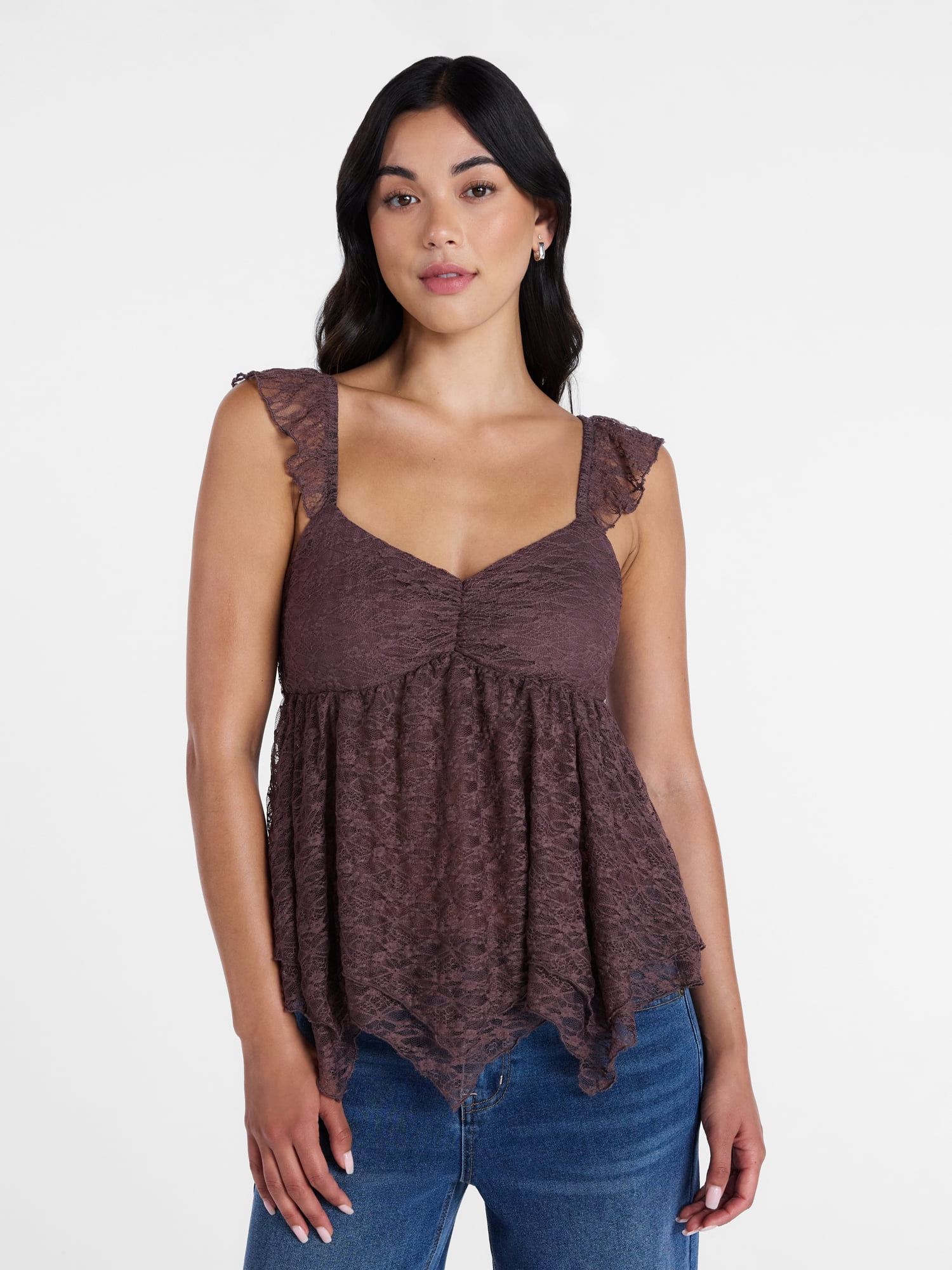 Madden NYC Floral Lace Babydoll Top with Flutter Sleeves, Sizes XXS-XXL ...