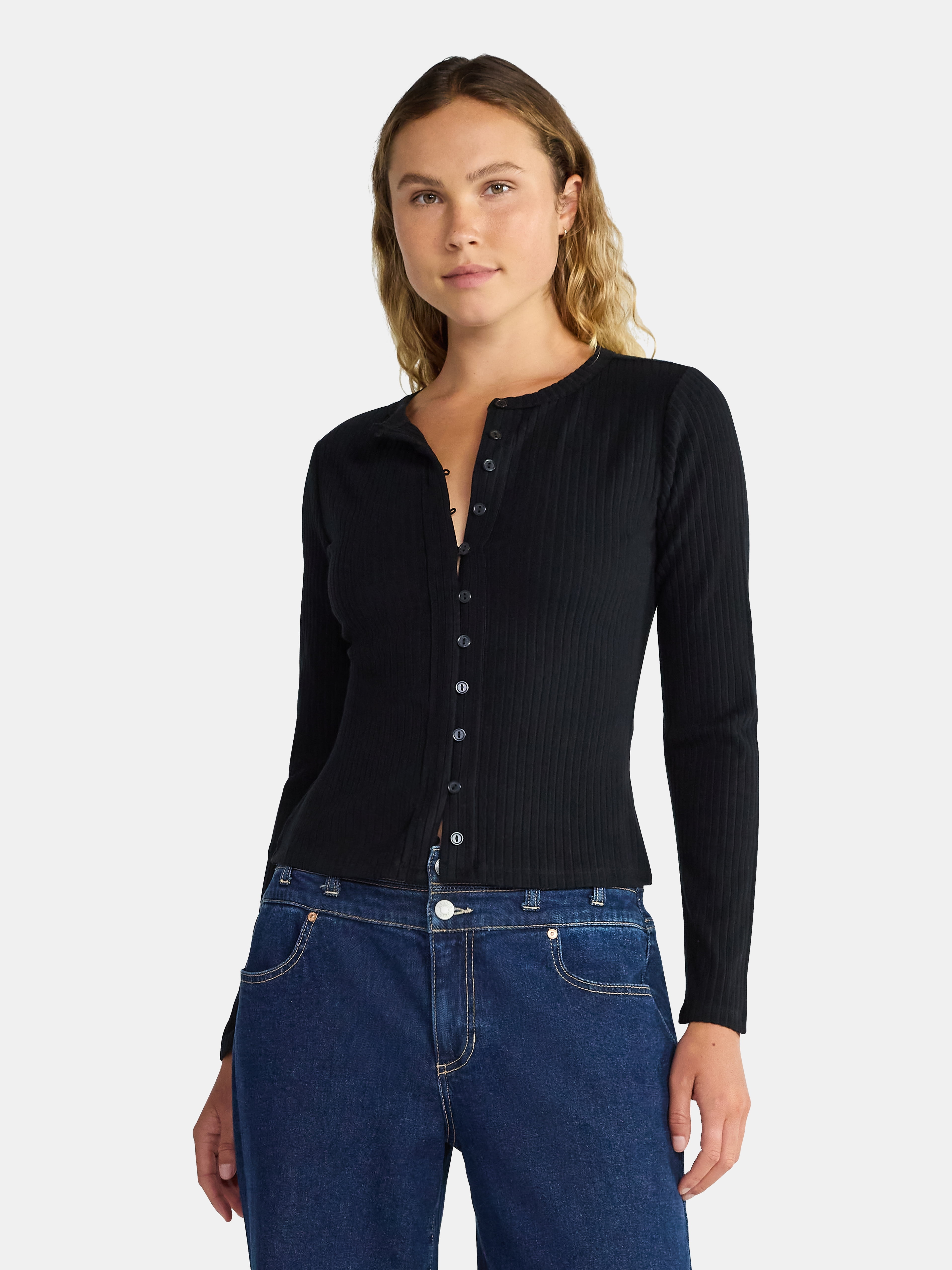 Madden NYC Women's Button Up Ribbed Top with Long Sleeves, Sizes XXS ...