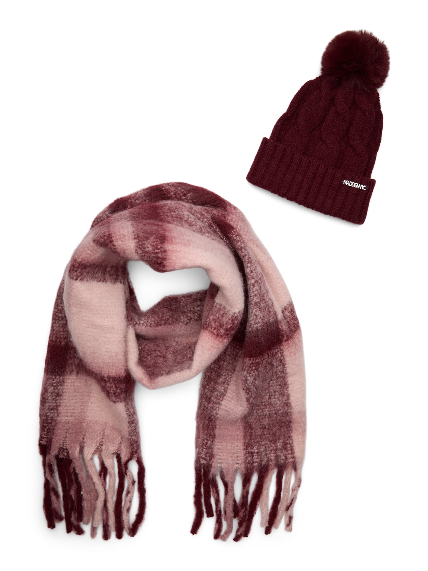 Madden NYC Women's Cable Beanie and Winter Plaid Scarf Set, 2-Piece ...