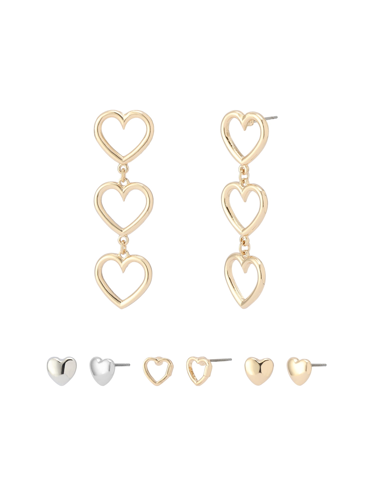 Madden NYC Women's Fashion Gold Heart Linear & Stud Earring 4-Piece ...
