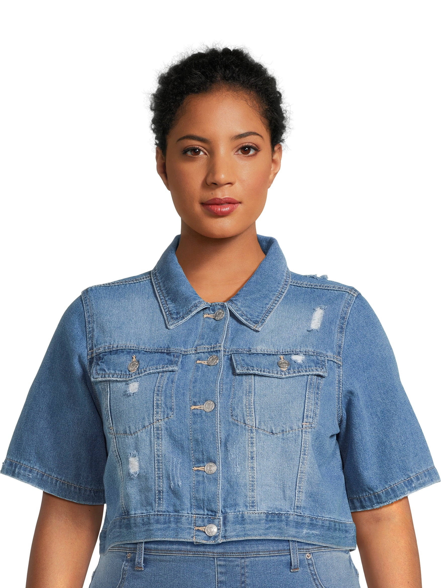 Madden NYC Women’s Plus Destructed Denim Trucker Jacket with Short Sleeves, Sizes XS-3XL ...