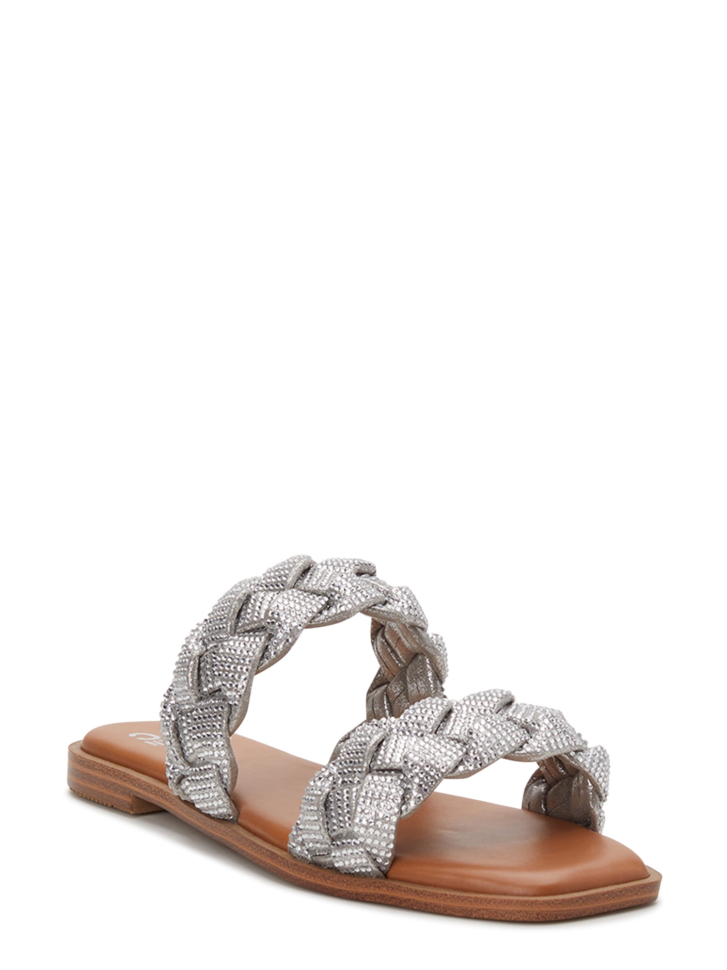 Madden NYC Women's Rhinestone Braided Upper Slide Sandals, Silver ...