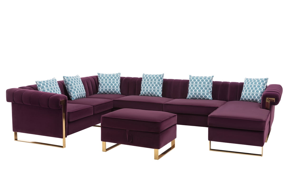 Maddie Purple Velvet 7-Seater Sectional w/ Reversible Chaise and ...