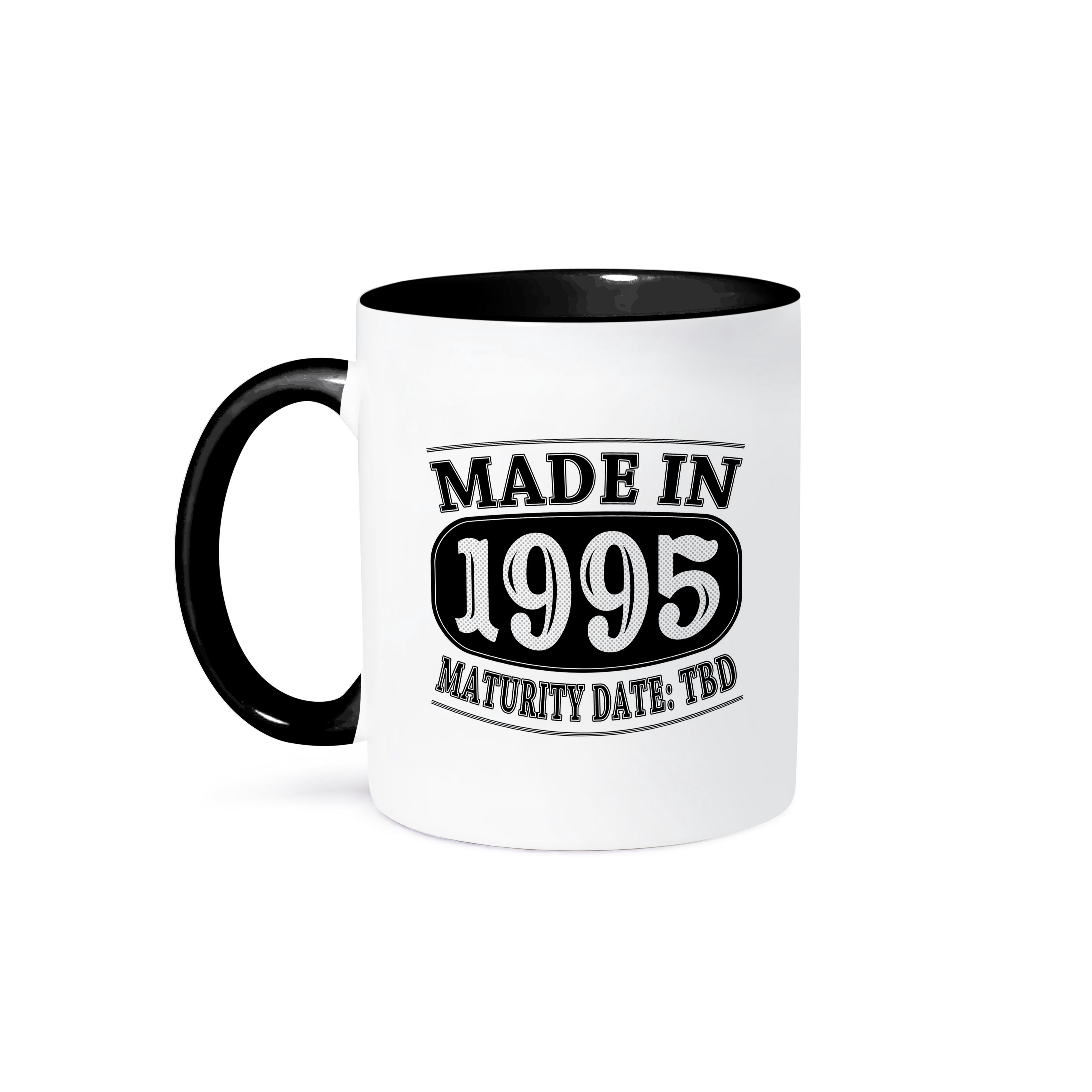 3dRose, Made in 1995 - Maturity Date TDB, 15oz Two-Tone Black Mug ...