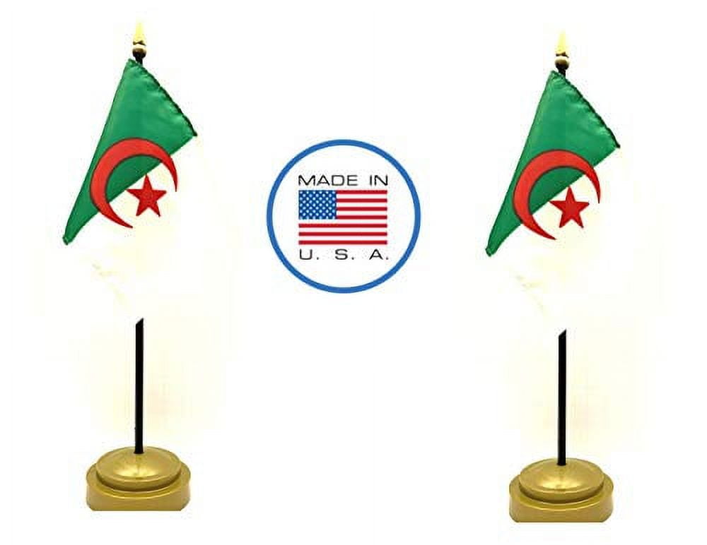 2 Algeria Miniature Desk & Hand Waving Flags Set - Includes 2 Rayon 4 ...