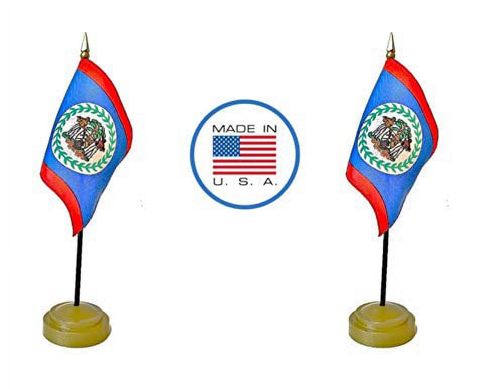 2 Belize Miniature Desk & Hand Waving Flags Set - Includes 2 Rayon 4"x6 ...