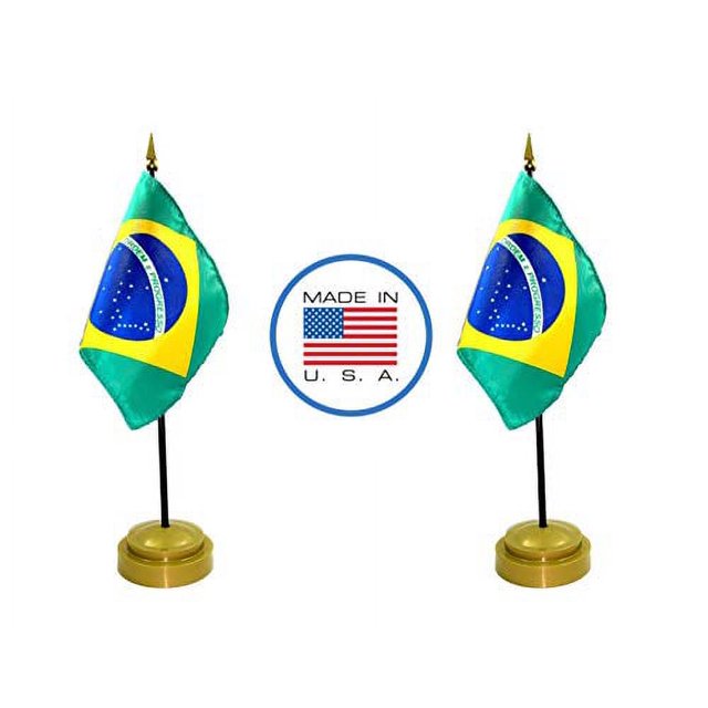 2 Brazil Miniature Desk & Hand Waving Flags Set - Includes 2 Rayon 4"x6 ...