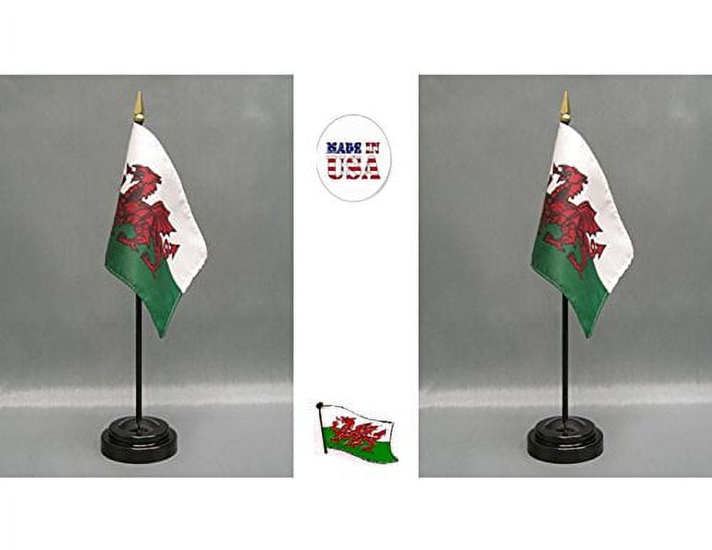 Wales Desk Flag Set; Two 4x6 inch American Made Table Flags with Two ...