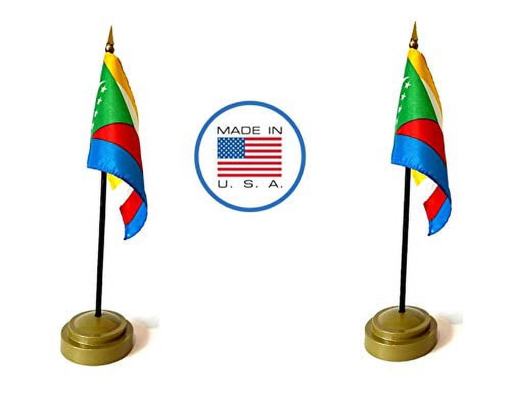 2 Comoros Miniature Desk & Hand Waving Flags Set - Includes 2 Rayon 4 ...