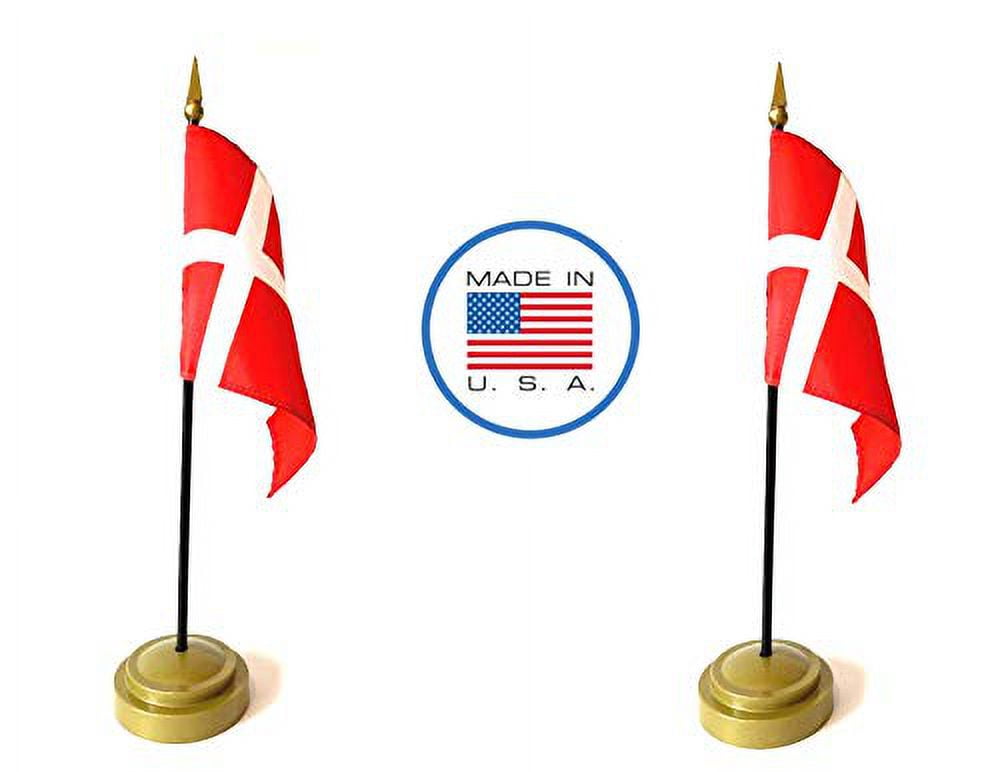 2 Denmark Miniature Desk & Hand Waving Flags Set - Includes 2 Rayon 4 ...