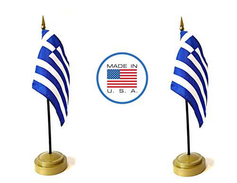 2 Greece Miniature Desk & Hand Waving Flags Set - Includes 2 Rayon 4"x6 ...