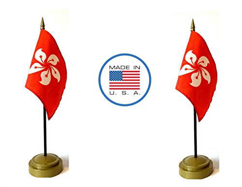 2 Hong Kong Miniature Desk & Hand Waving Flags Set - Includes 2 Rayon 4 ...