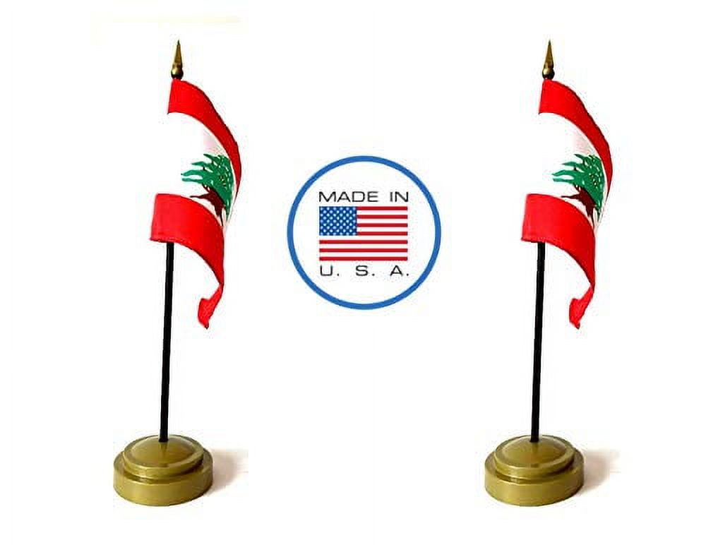2 Lebanon Miniature Desk & Hand Waving Flags Set - Includes 2 Rayon 4 ...